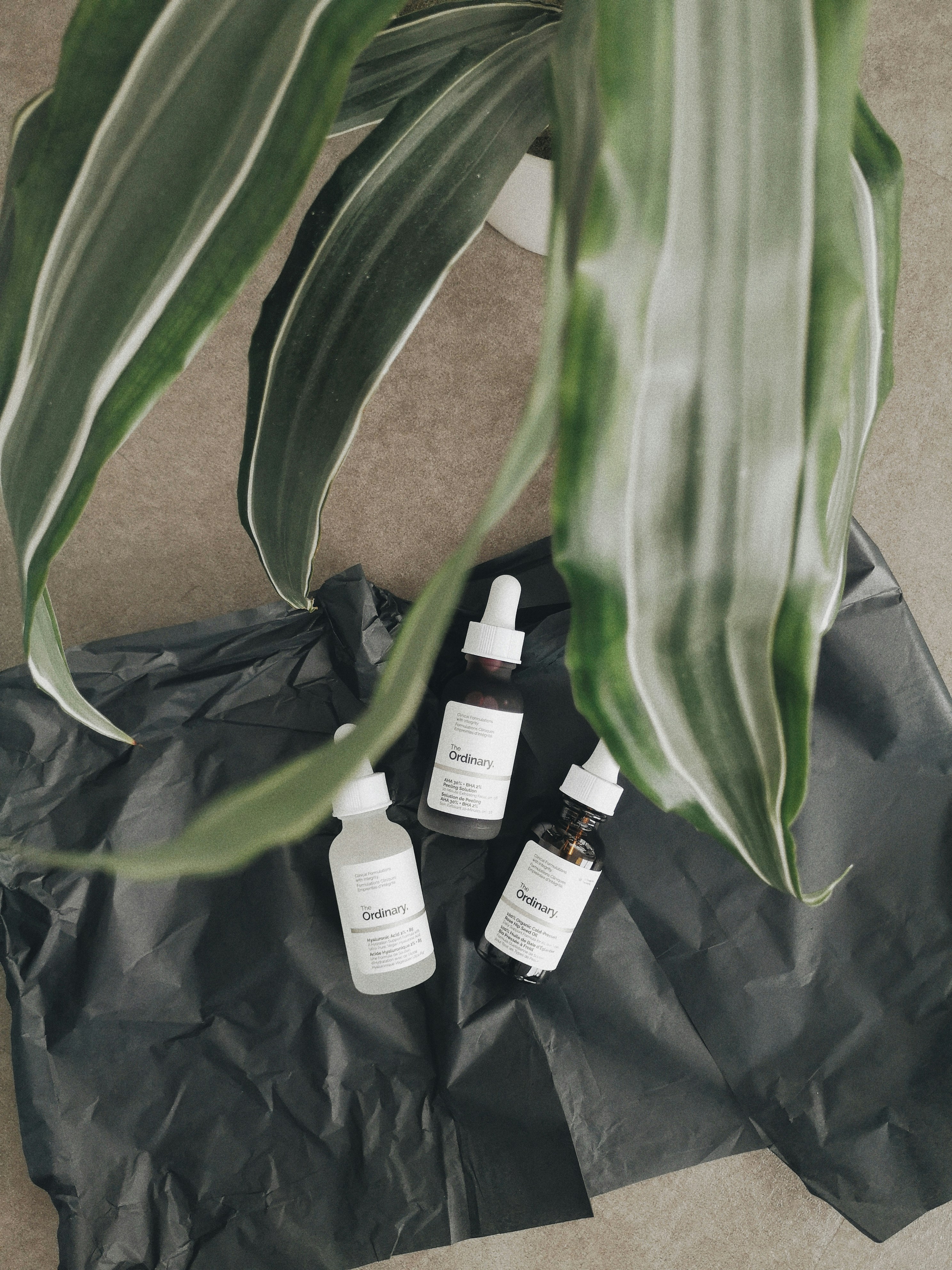 Three skincare serum bottles arranged on textured black paper, partially obscured by a lush green leaf. The composition emphasizes a blend of natural and aesthetic elements.