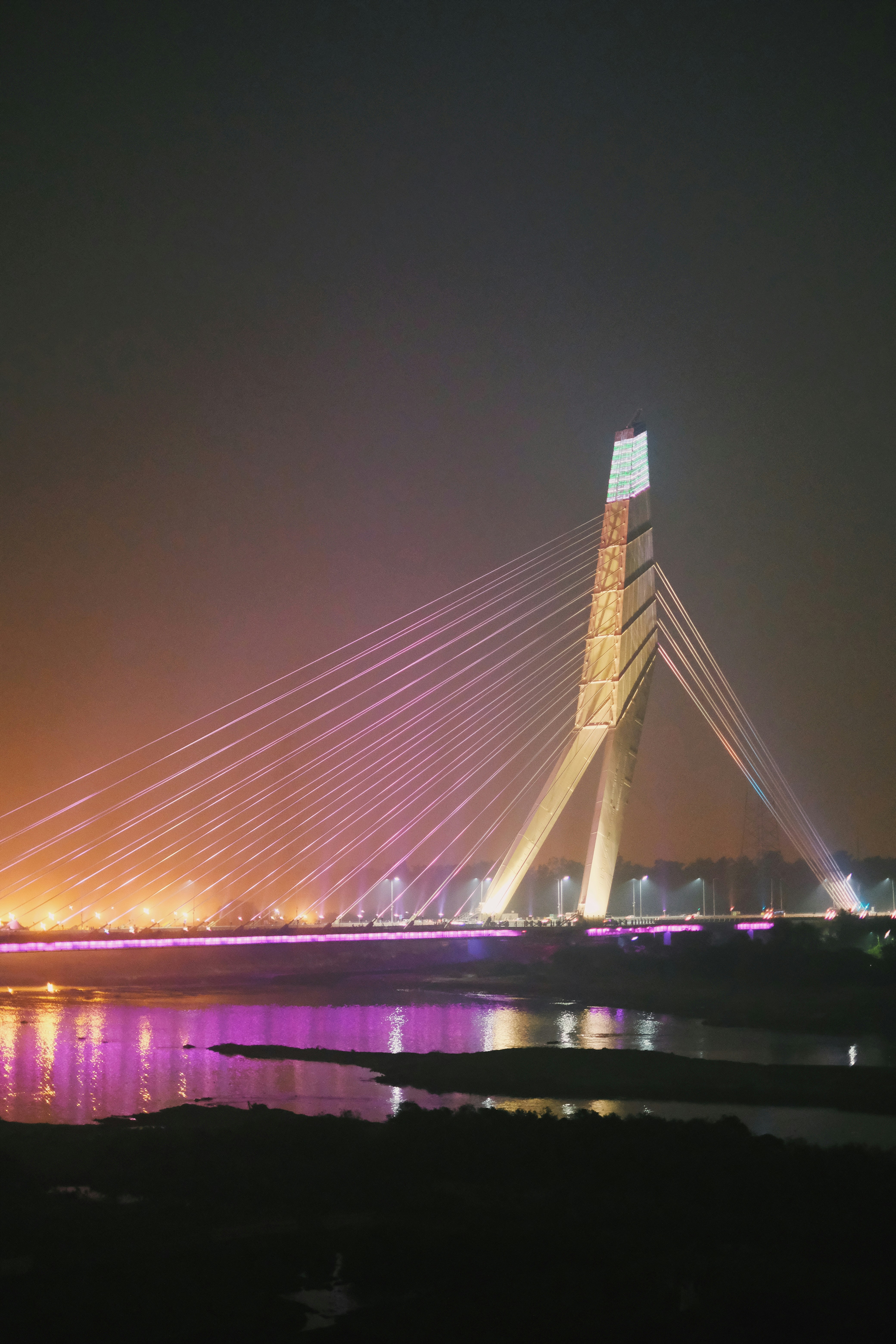 Neon Veins Over the River: Night Cable-Stayed Bridge