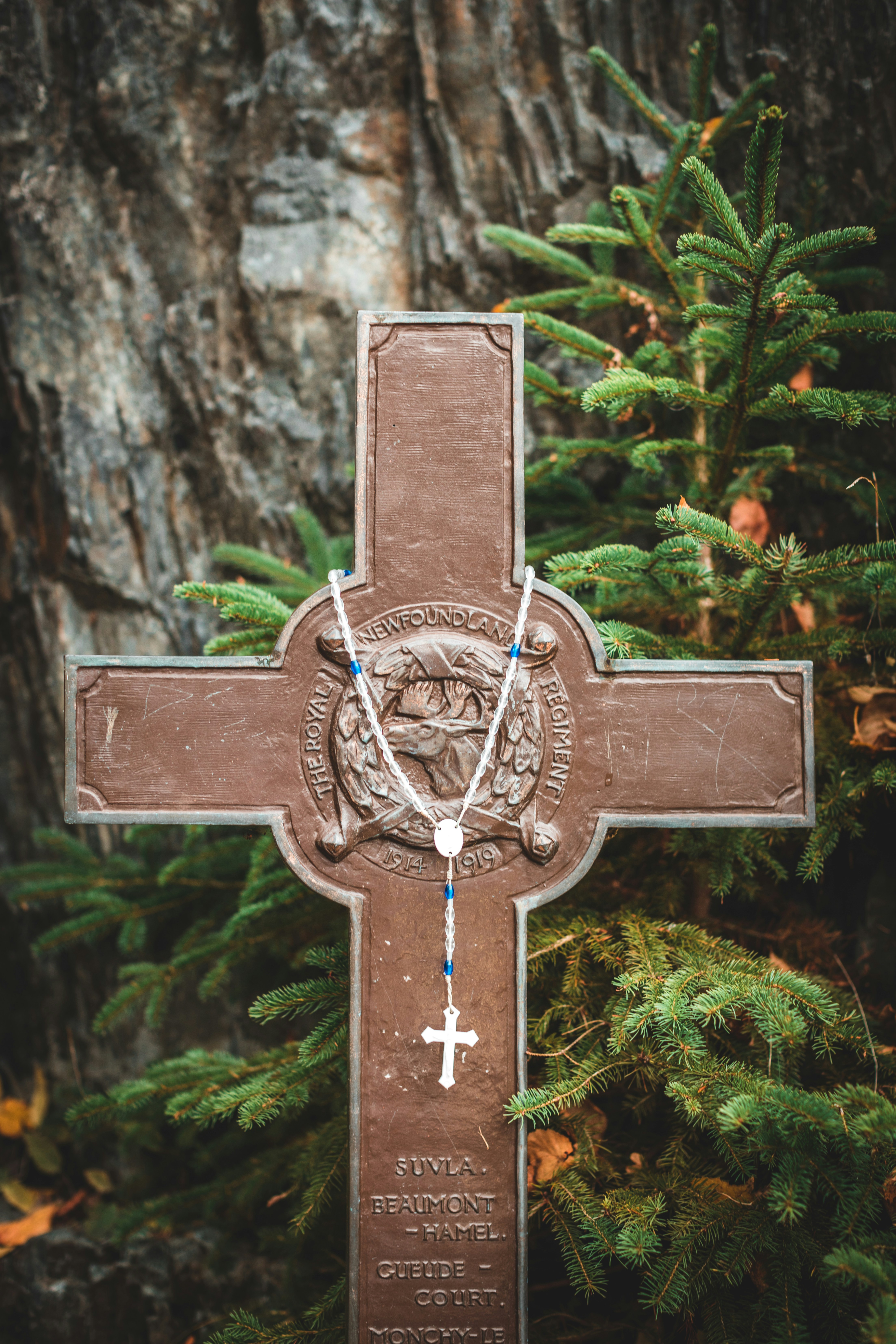 Bronze Cross Framed by Pine Boughs