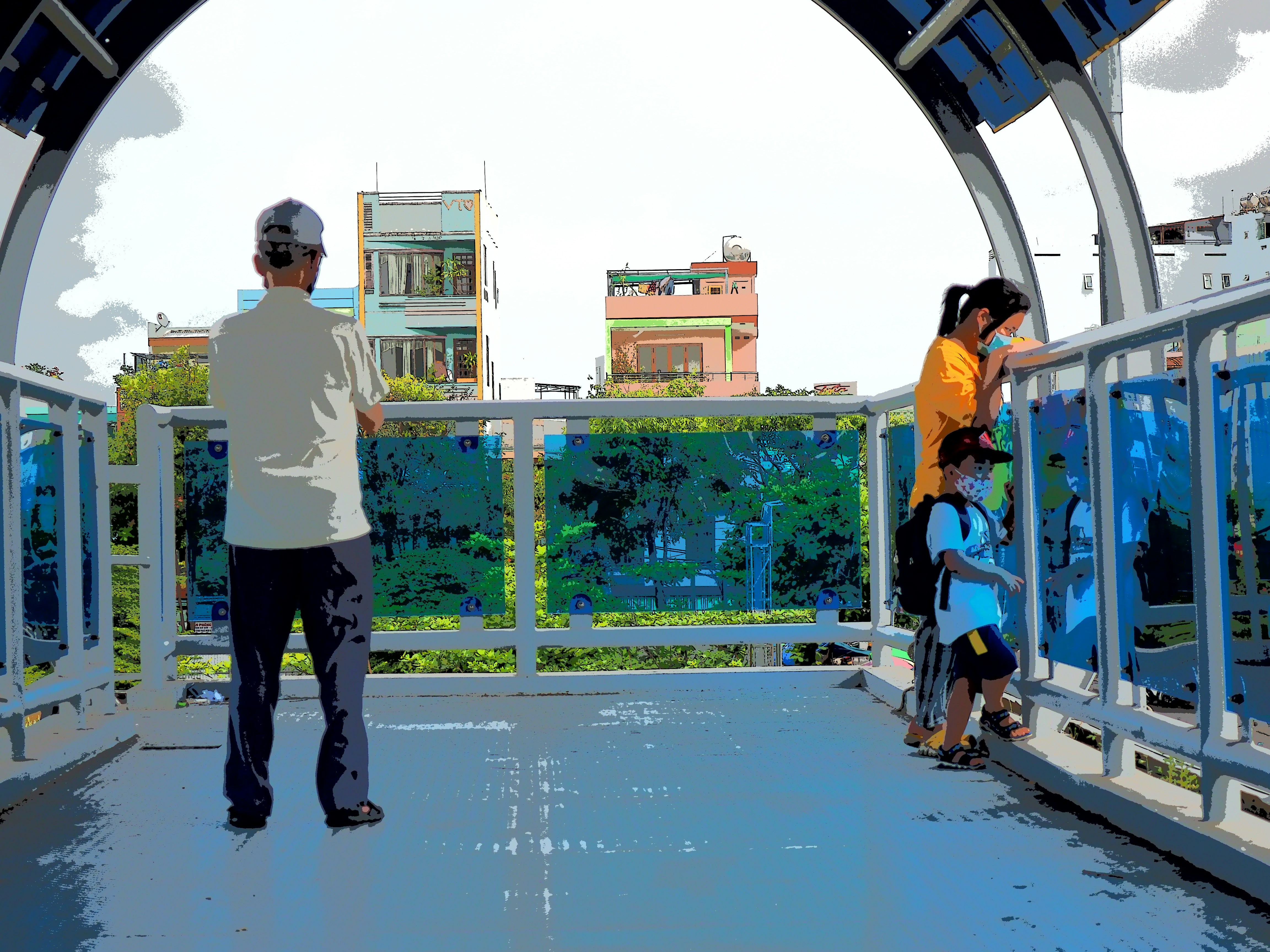 Skybridge Interlude: A Quiet Family Pause Amid a Colorful City Backdrop