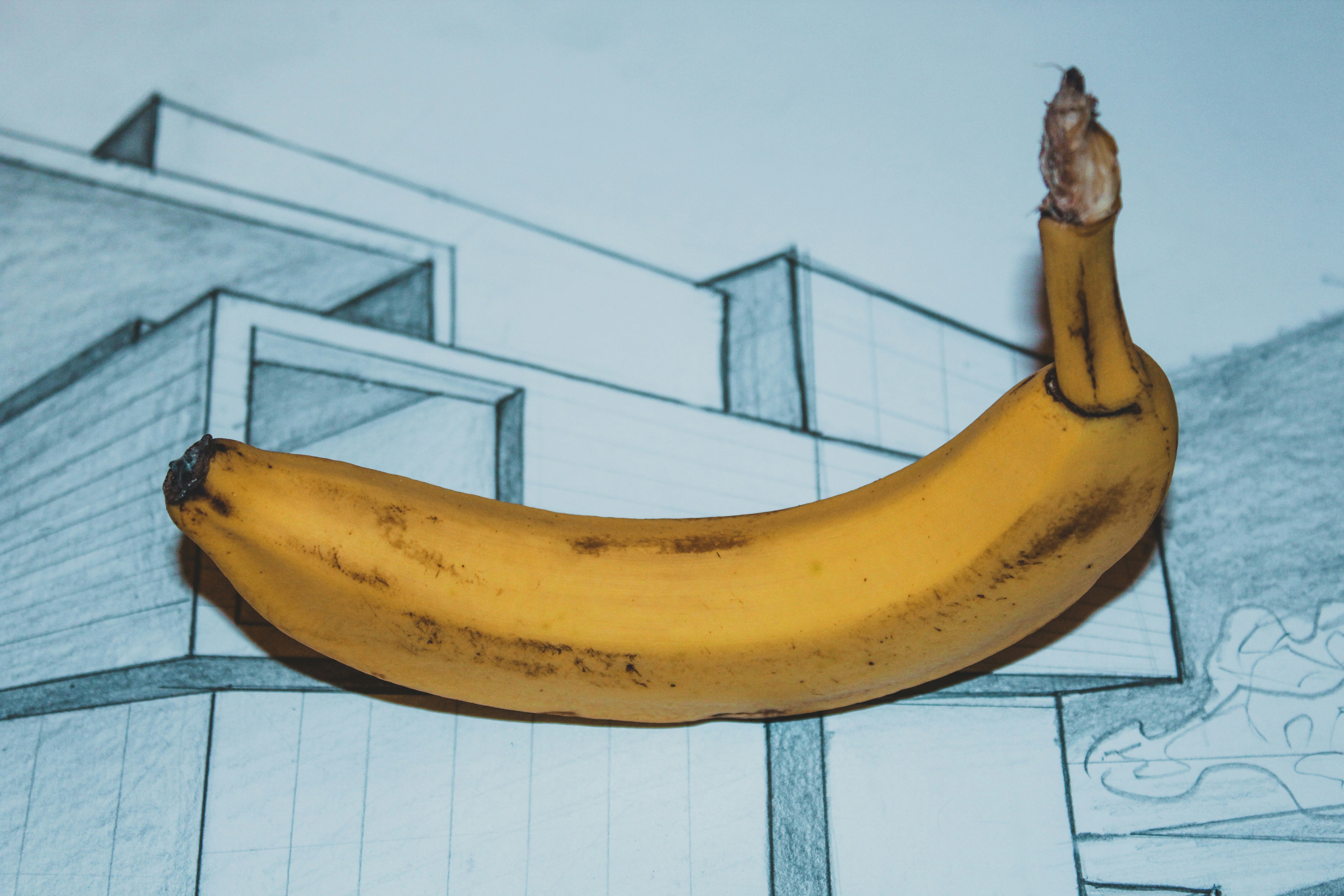 Banana Among Blue Lines: Urban Sketch of a Banana Daring the Sky