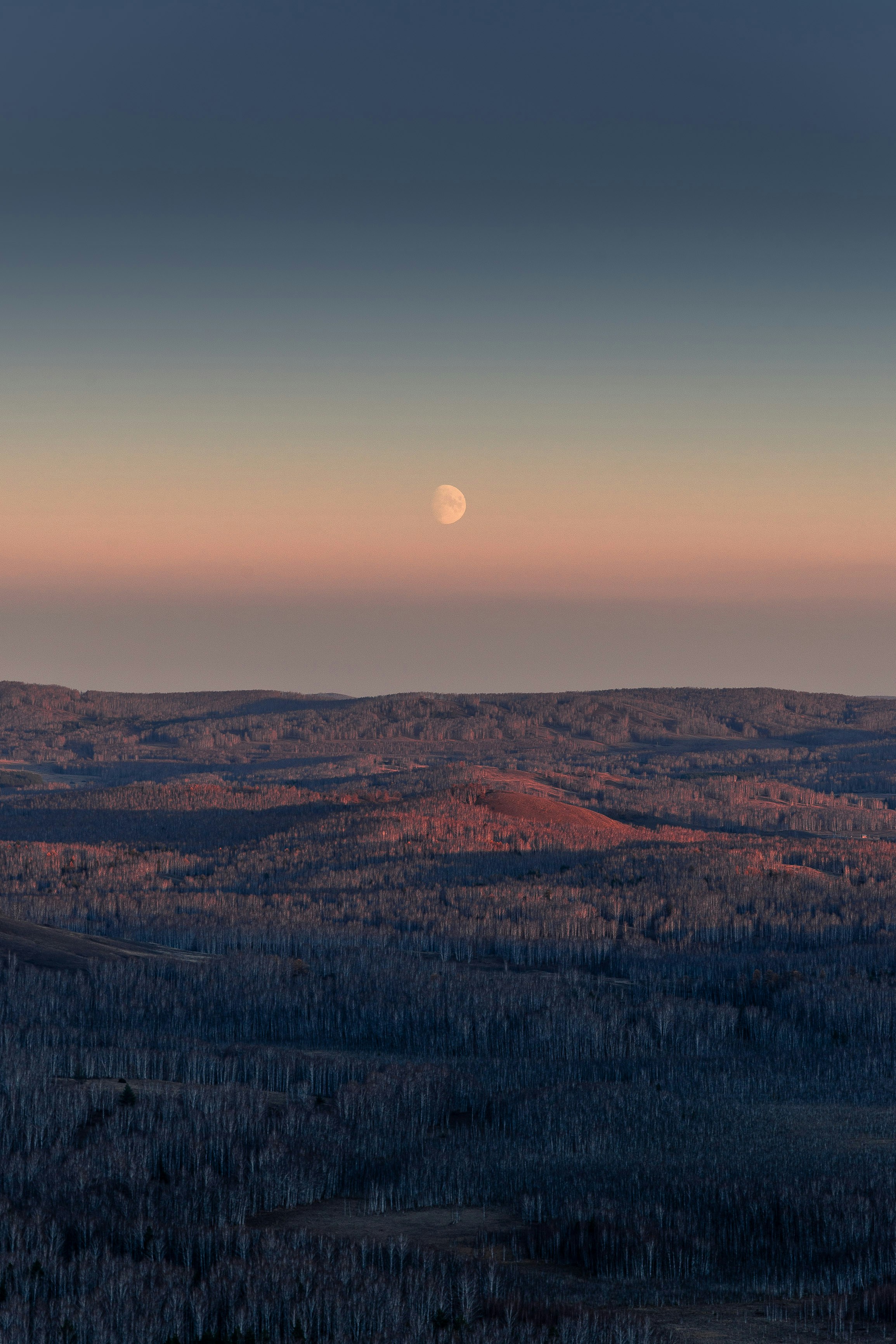 Moon on the Horizon: Twilight Gradient over a Snowbound Plateau