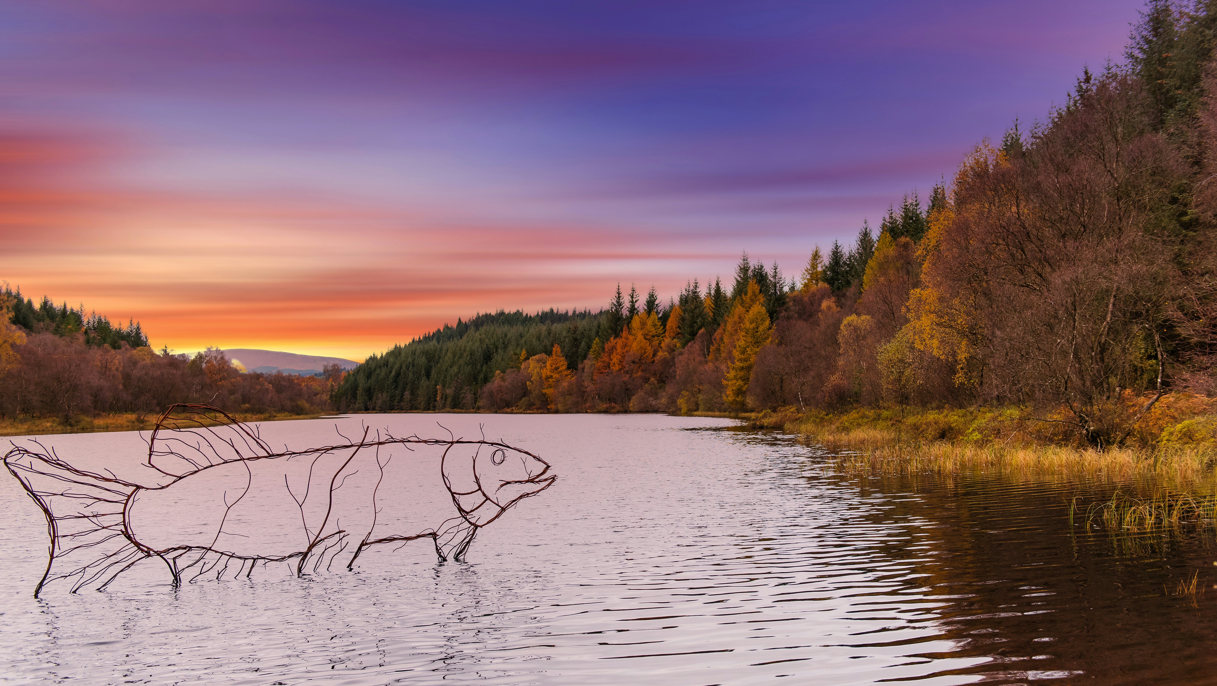 A stylized drawing of a fish overlays a tranquil river scene at sunset, surrounded by autumn foliage and vibrant skies.