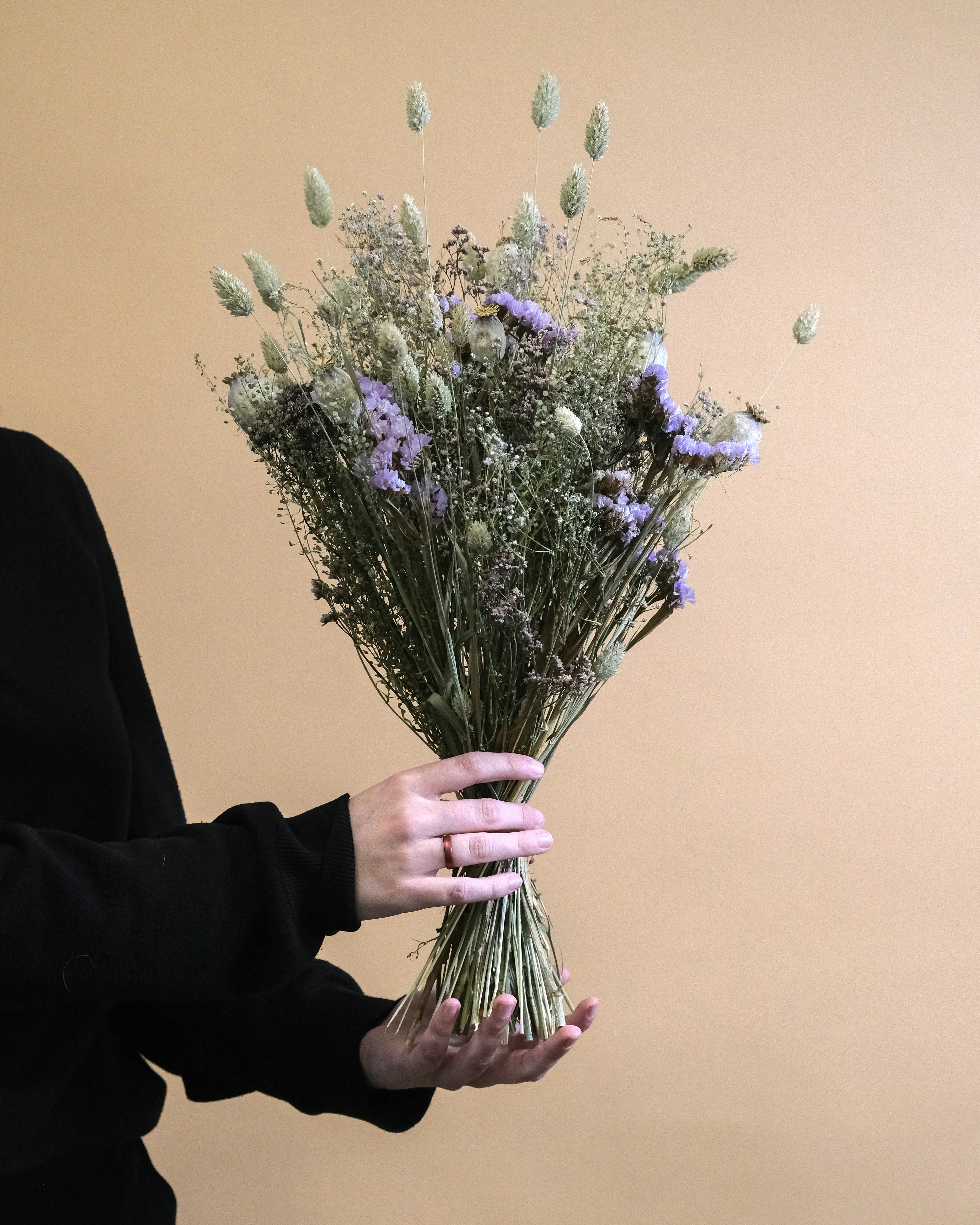 Bouquet of Dried Lilacs and Baby's Breath, Held Against a Warm Beige Backdrop