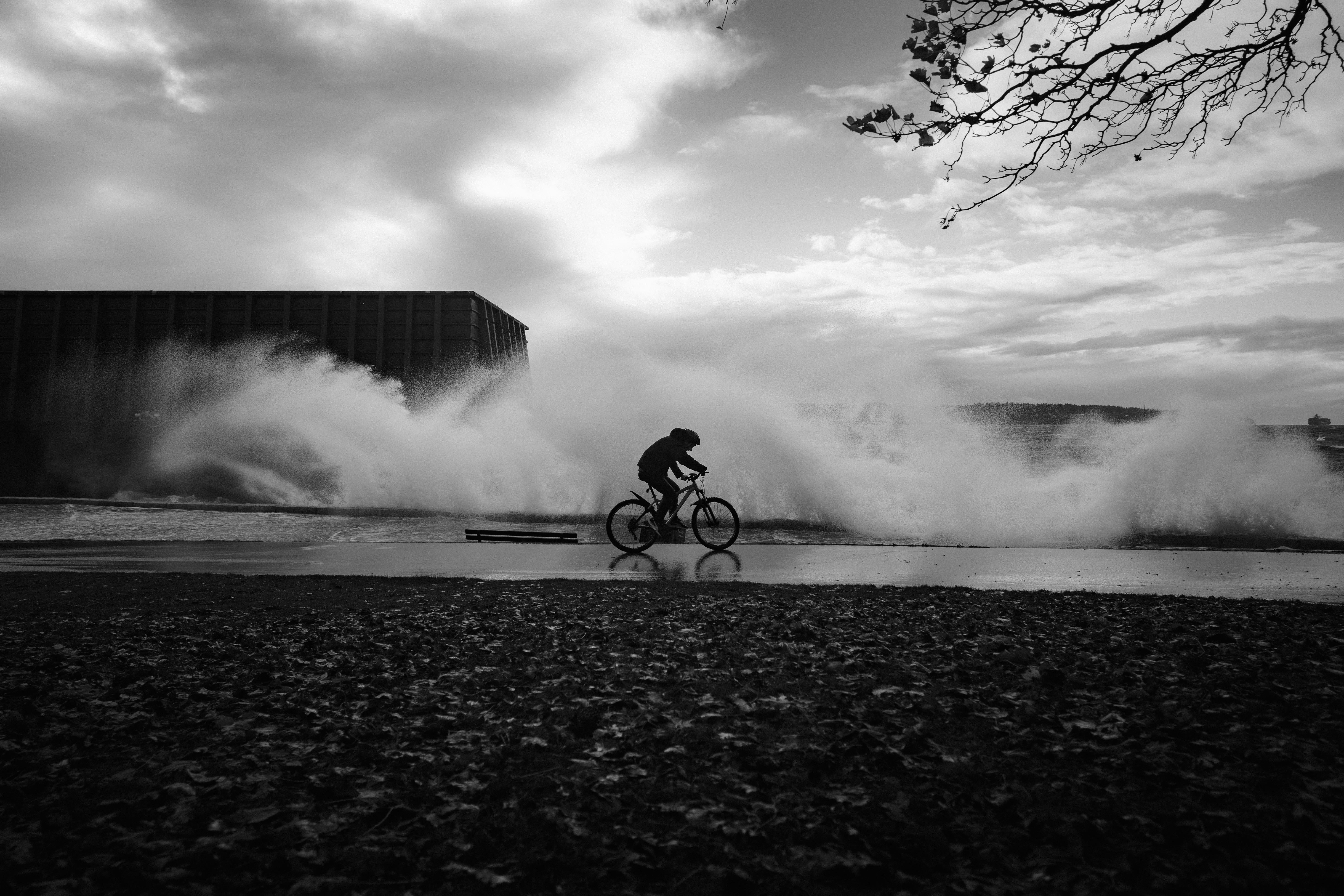 A man riding a bike past a large wave photo – Free Moody Image on Unsplash