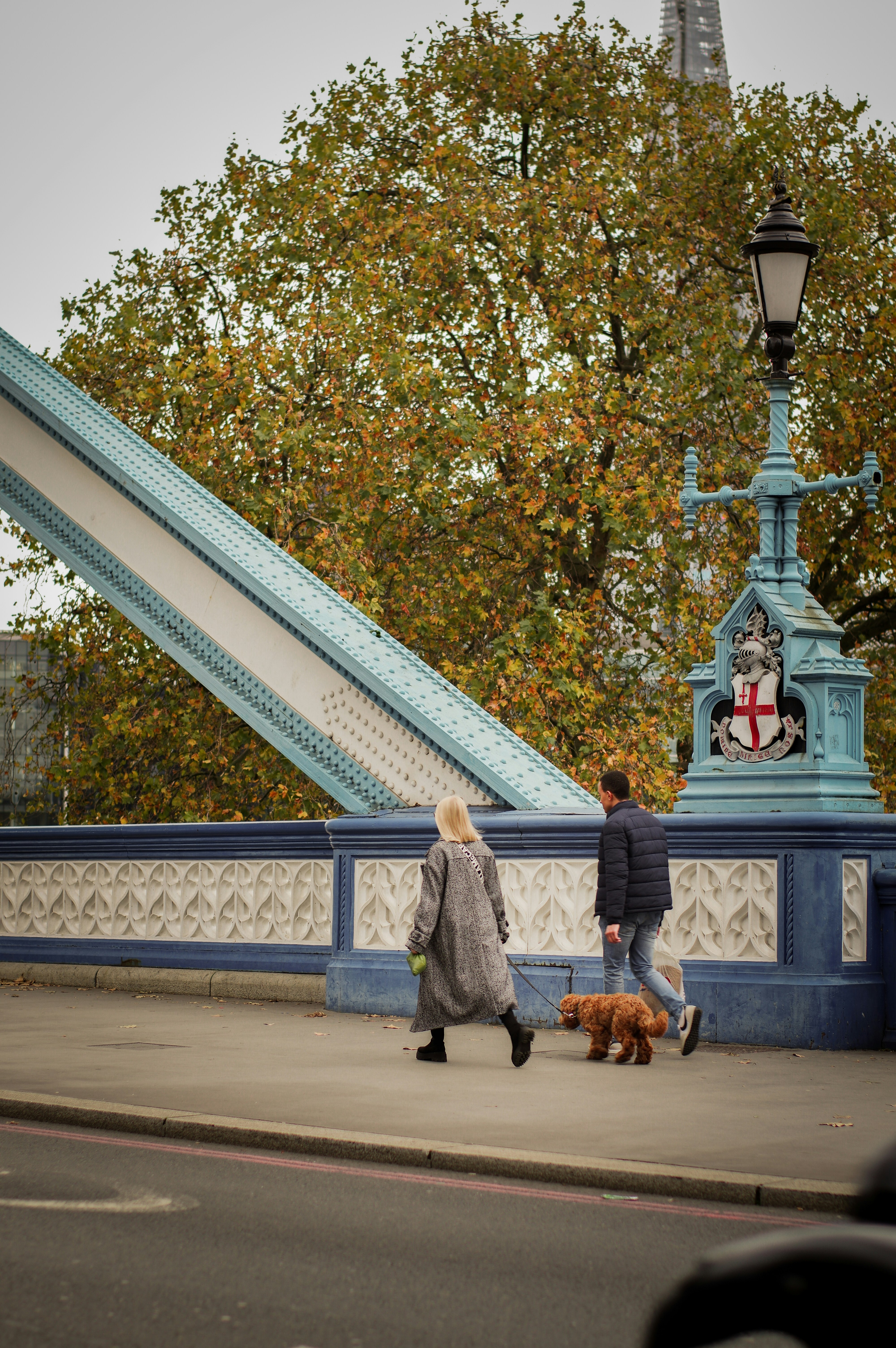 a man and woman walking their dogs across a bridge