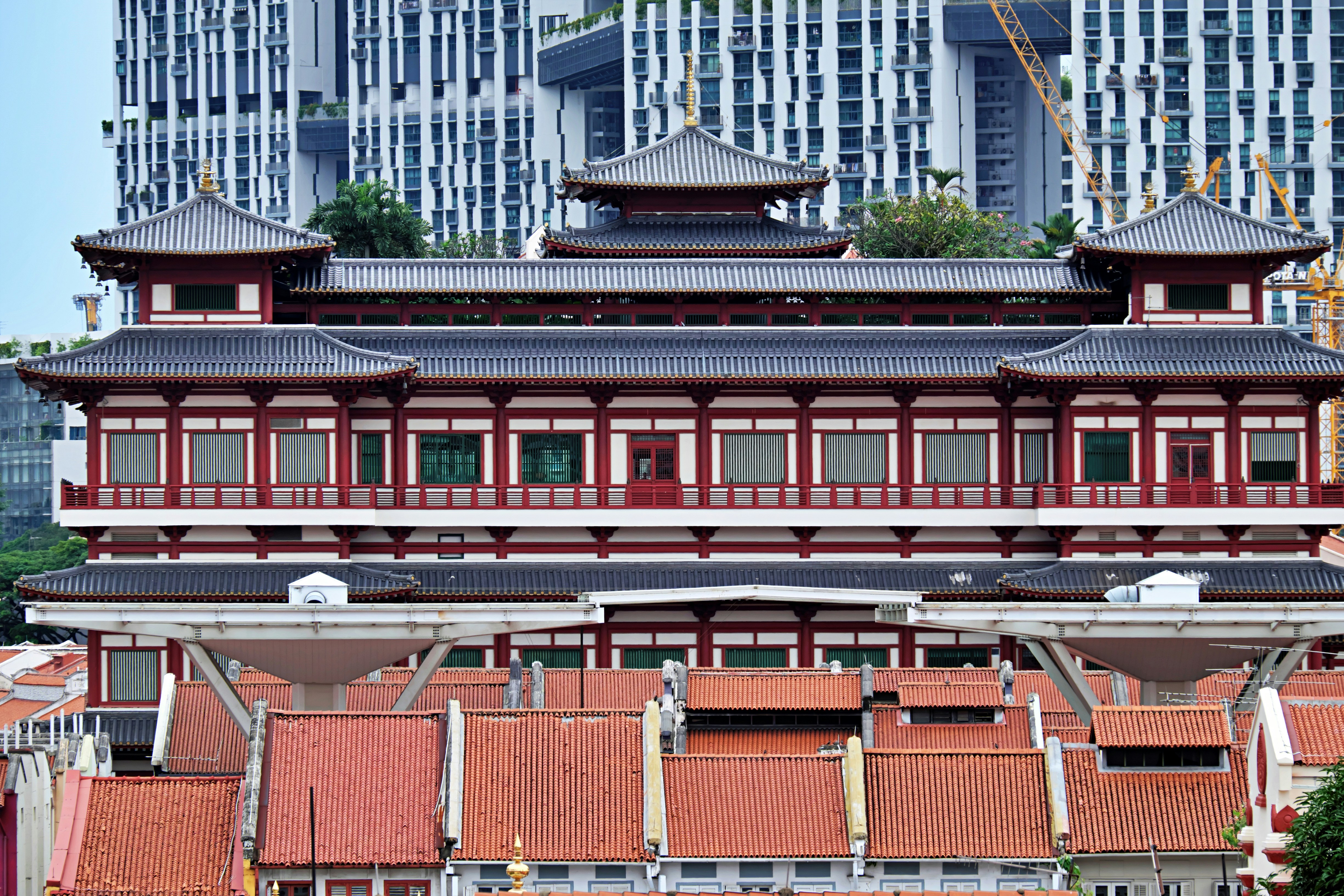 Historic Chinese architecture juxtaposed against contemporary skyscrapers in an urban landscape.