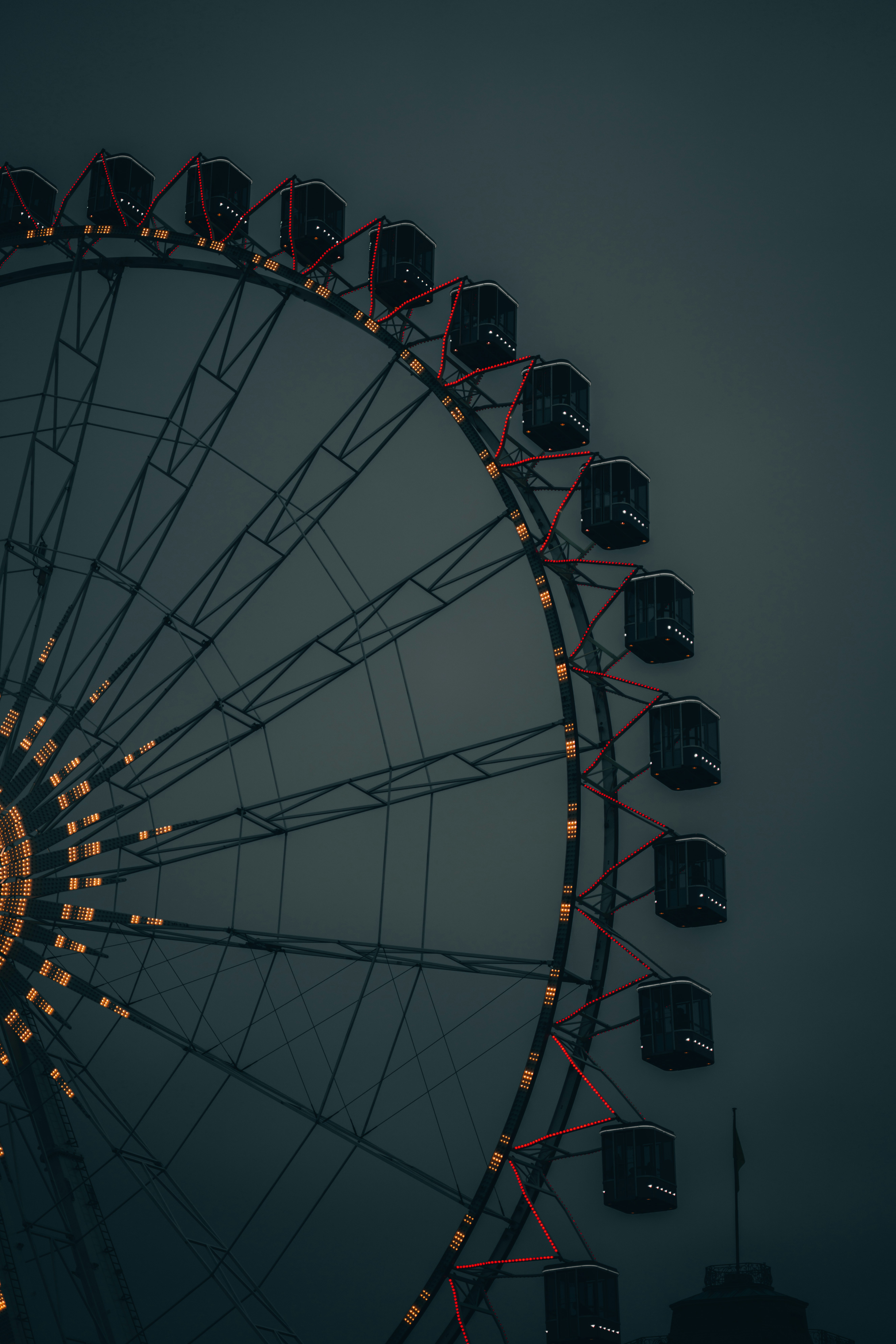 Red-Spoked Arc: A Moonlit Ferris Wheel in Quiet Blues