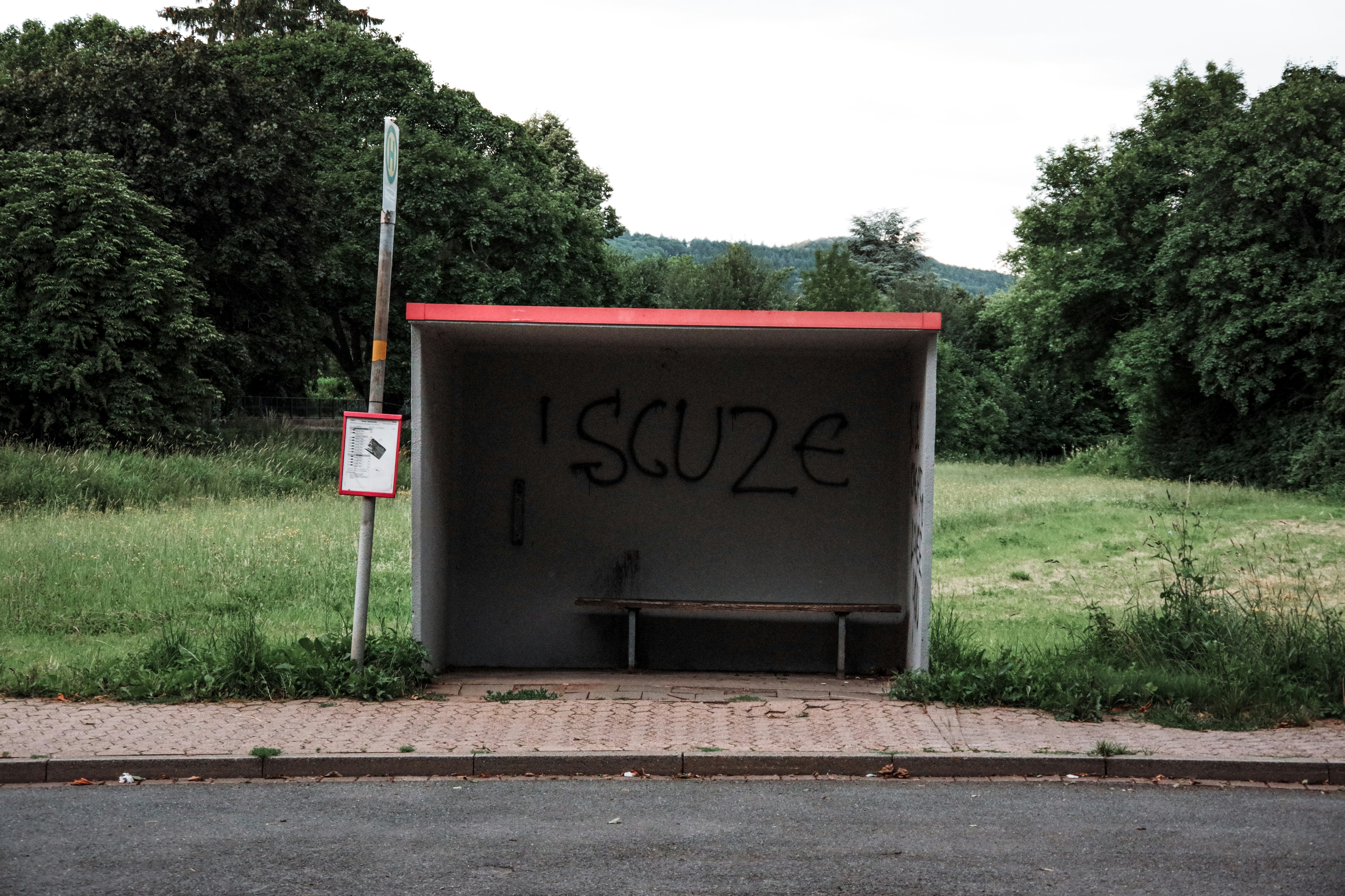 Graffitied bus shelter beside a lush green field under an overcast sky.