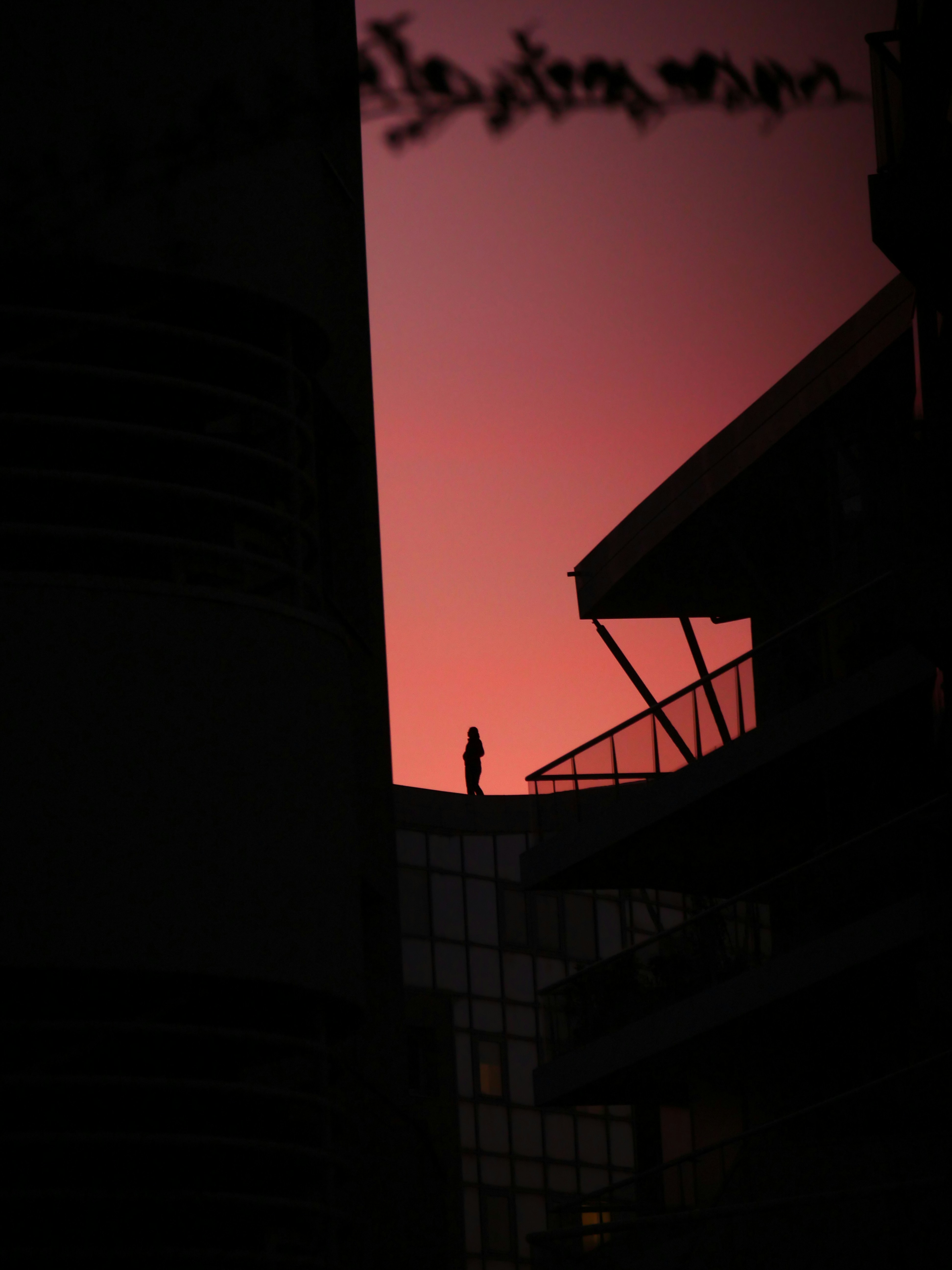 Silhouette of a lone figure on a rooftop edge against a pink-orange sunset sky.