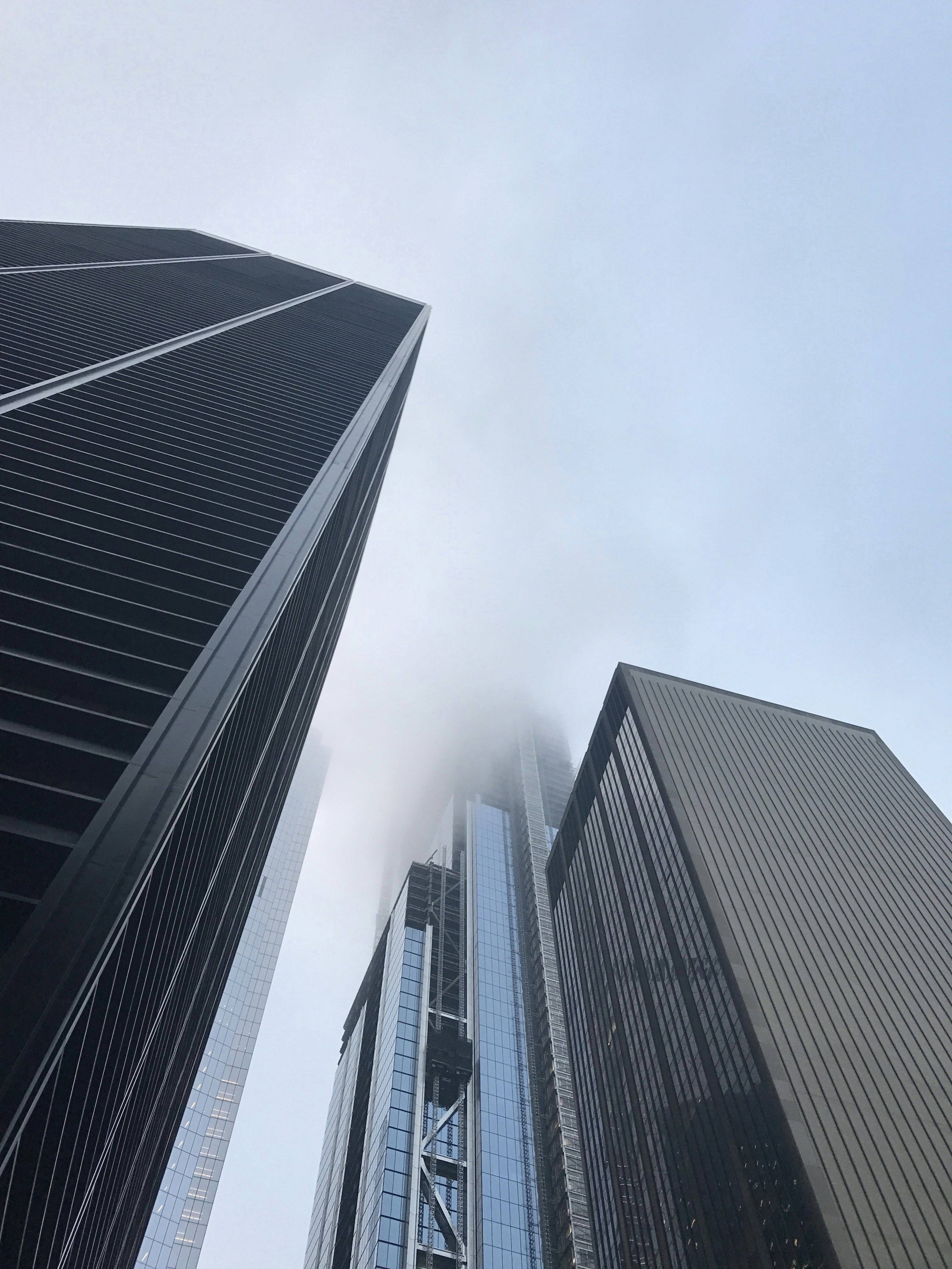 Skyscrapers stretch upwards, their sharp angles piercing through a veil of mist. The scene captures the grandeur of urban architecture shrouded in fog.