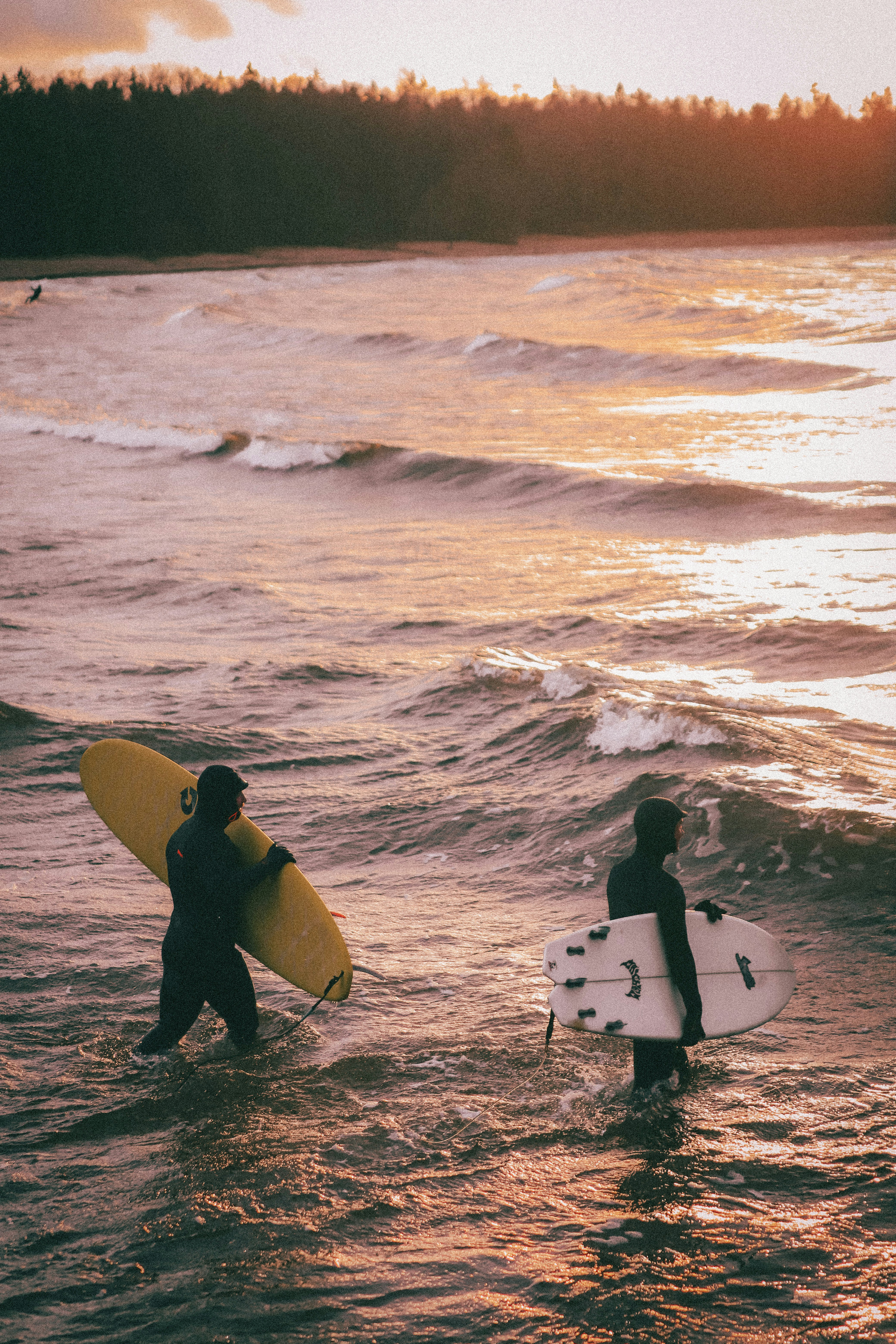 Un couple de personnes qui sont dans l’eau avec des planches de surf ...