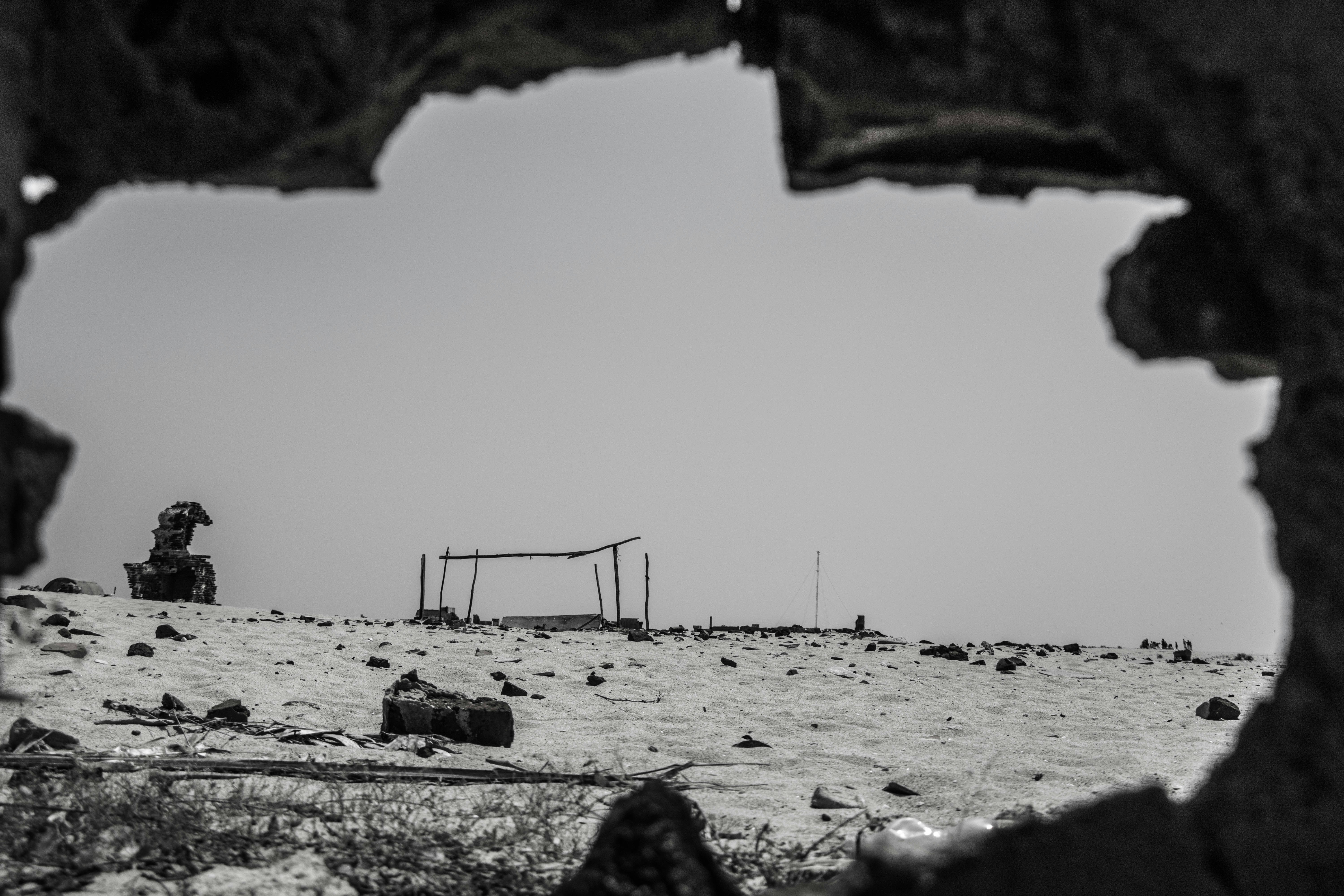 Black and white scene of a barren beach framed by driftwood with scattered rocks and a simple wooden structure.