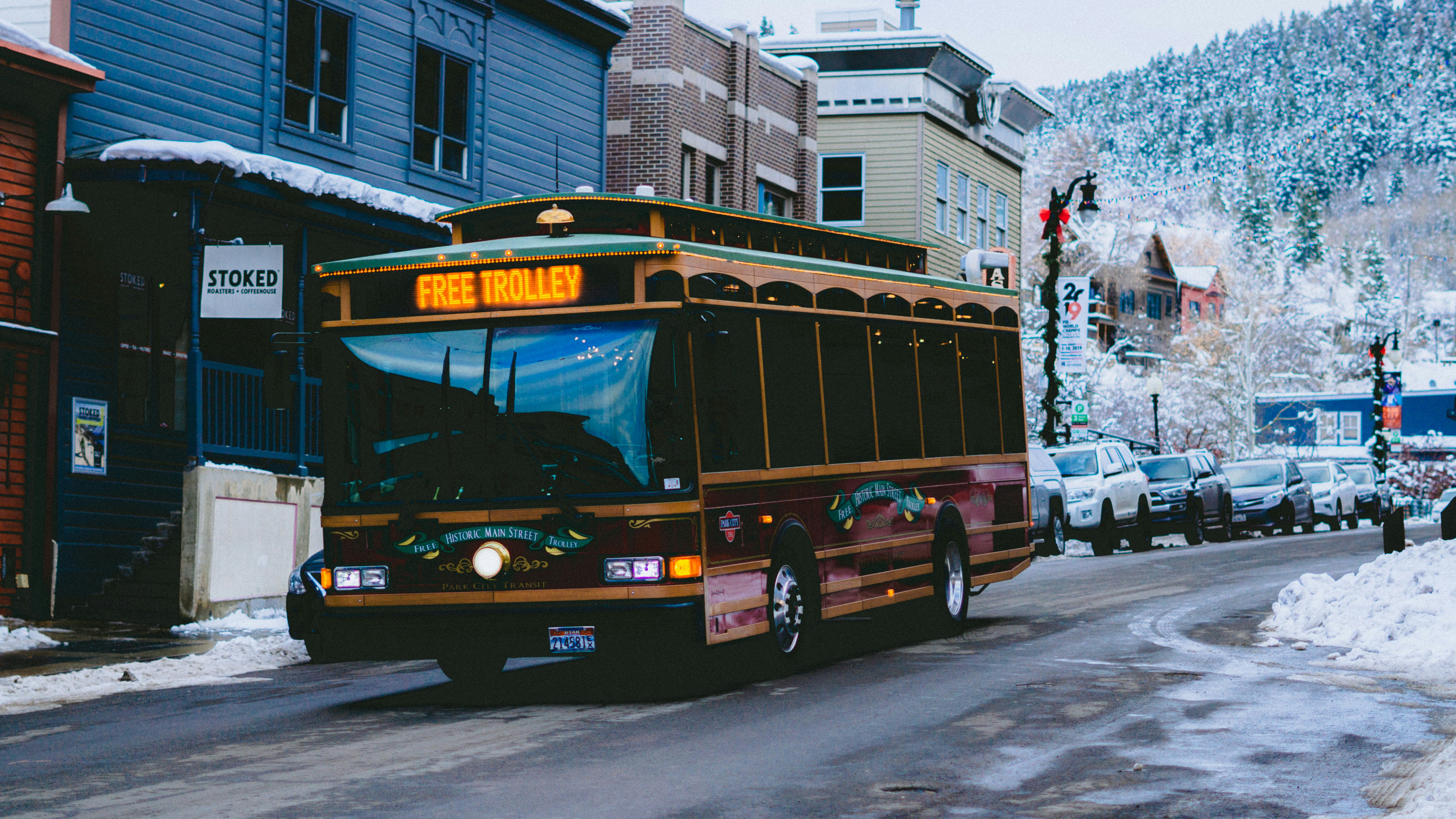 Free Trolley Through a Snowy Main Street