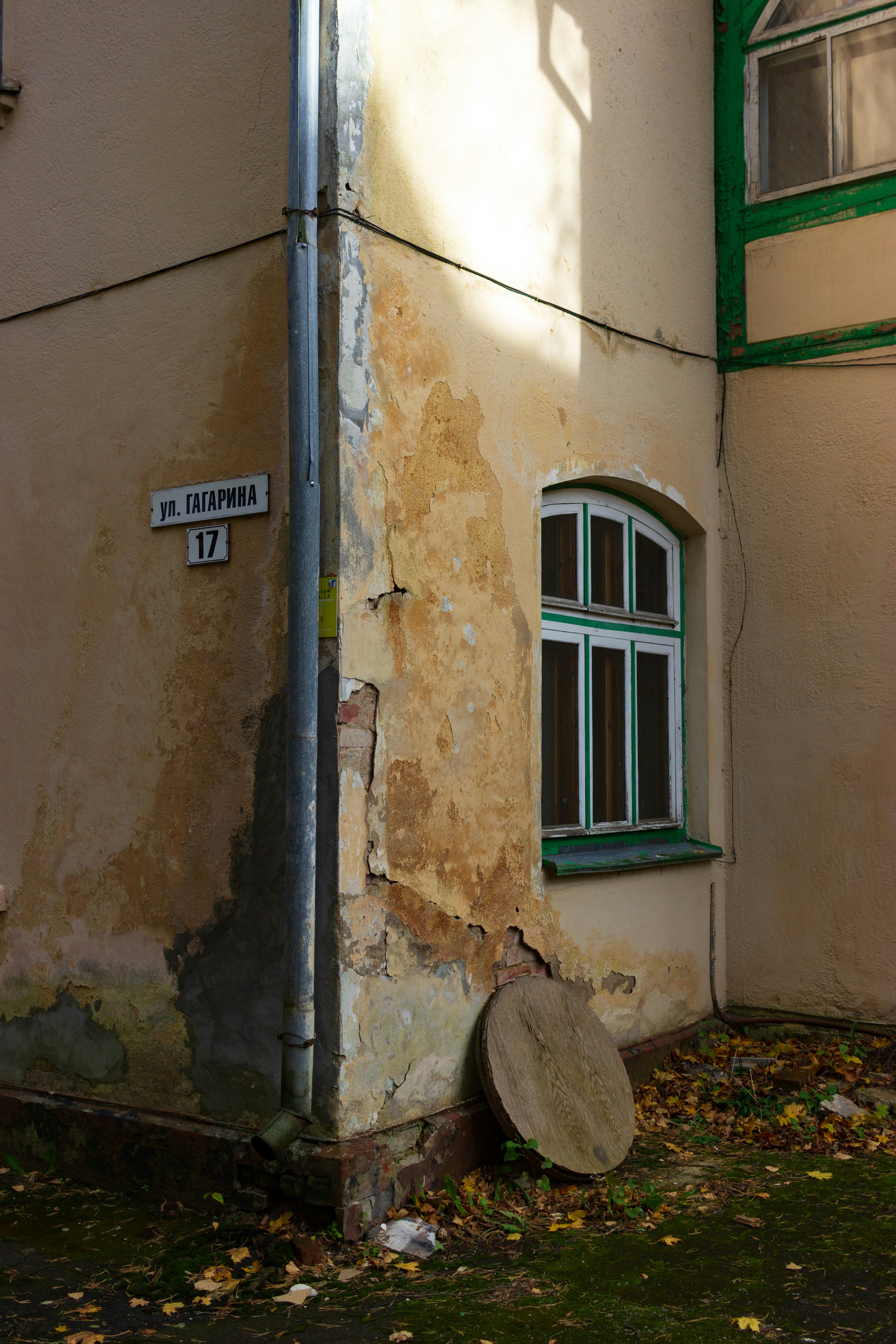 Timeworn Corner, Green Window: A Portrait of a Weathered Facade