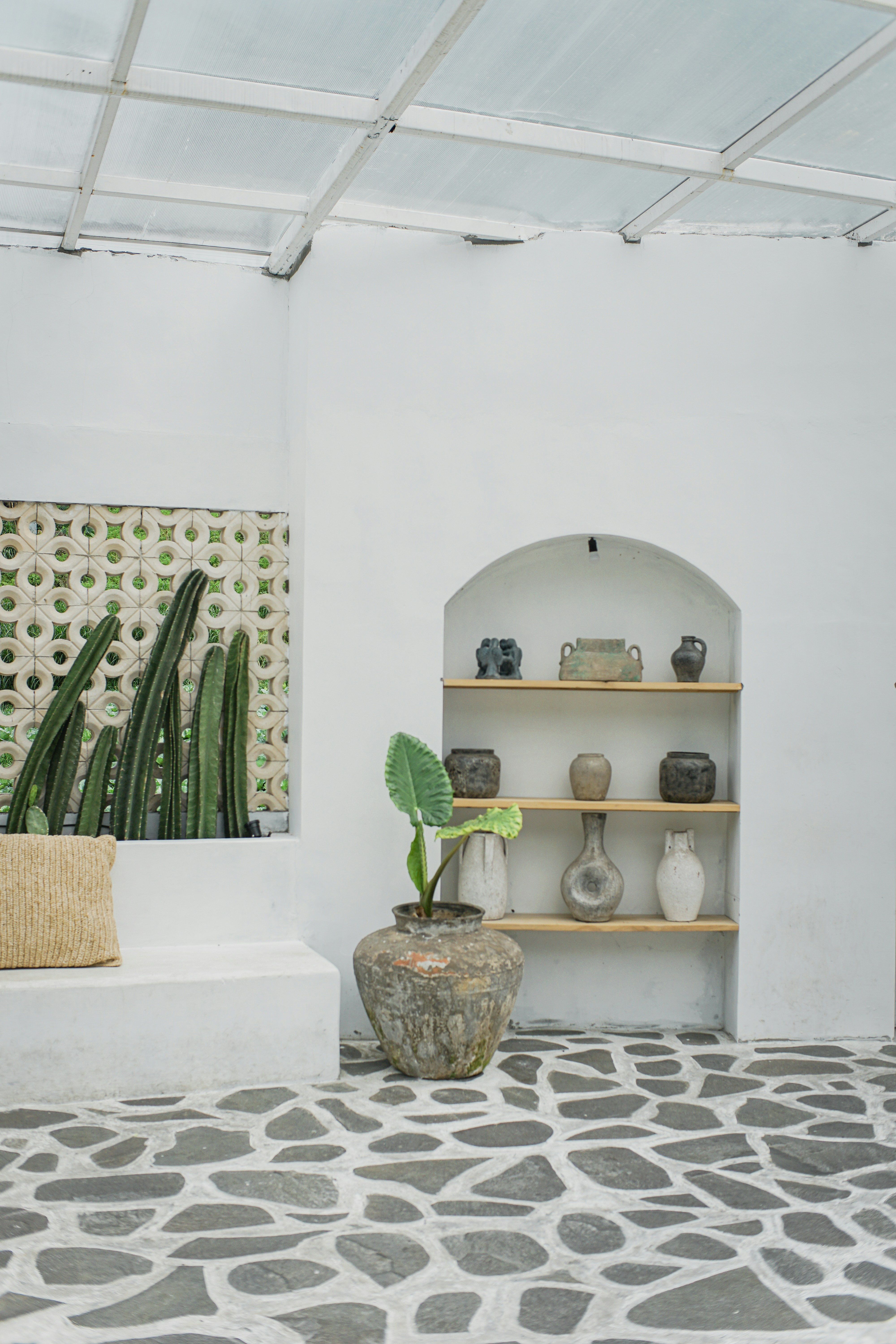 A serene interior space featuring a collection of pottery on wooden shelves, complemented by a lush green plant and a patterned wall. The design emphasizes simplicity and natural elements.