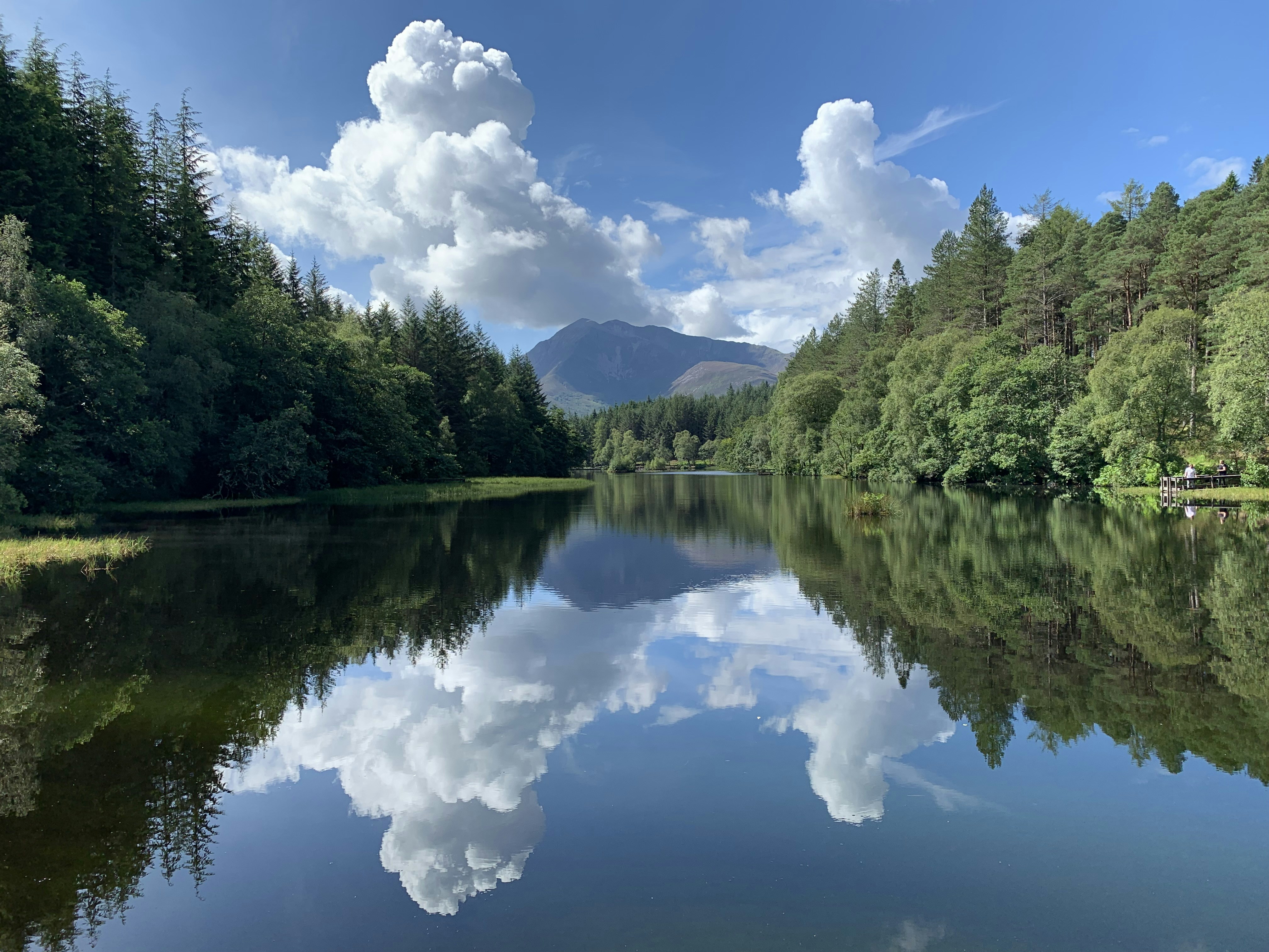 A tranquil lake reflecting lush greenery and dramatic clouds, framed by distant mountains. The scene captures the serenity of nature's beauty.