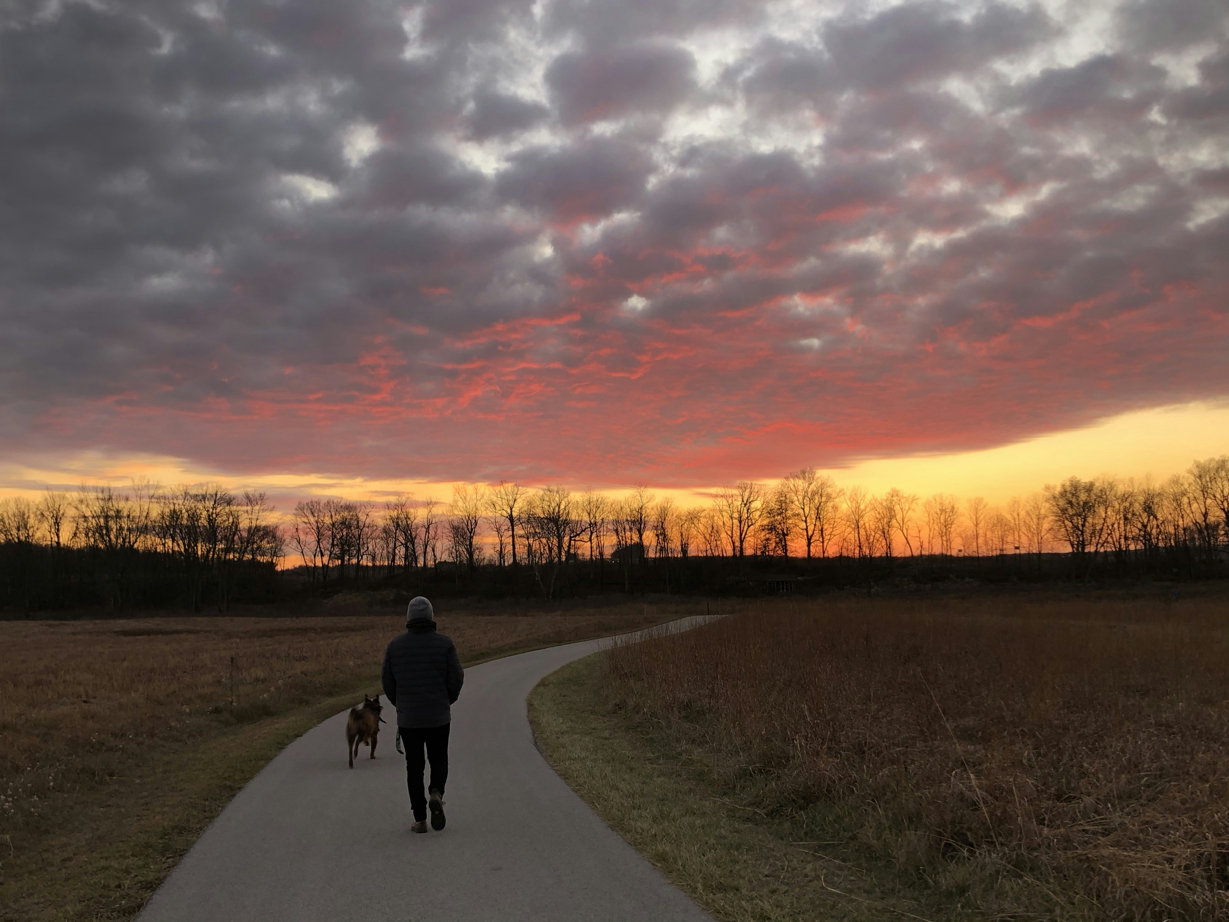 Person walking a dog along a winding path under a dramatic sunset sky with vibrant orange and purple hues.