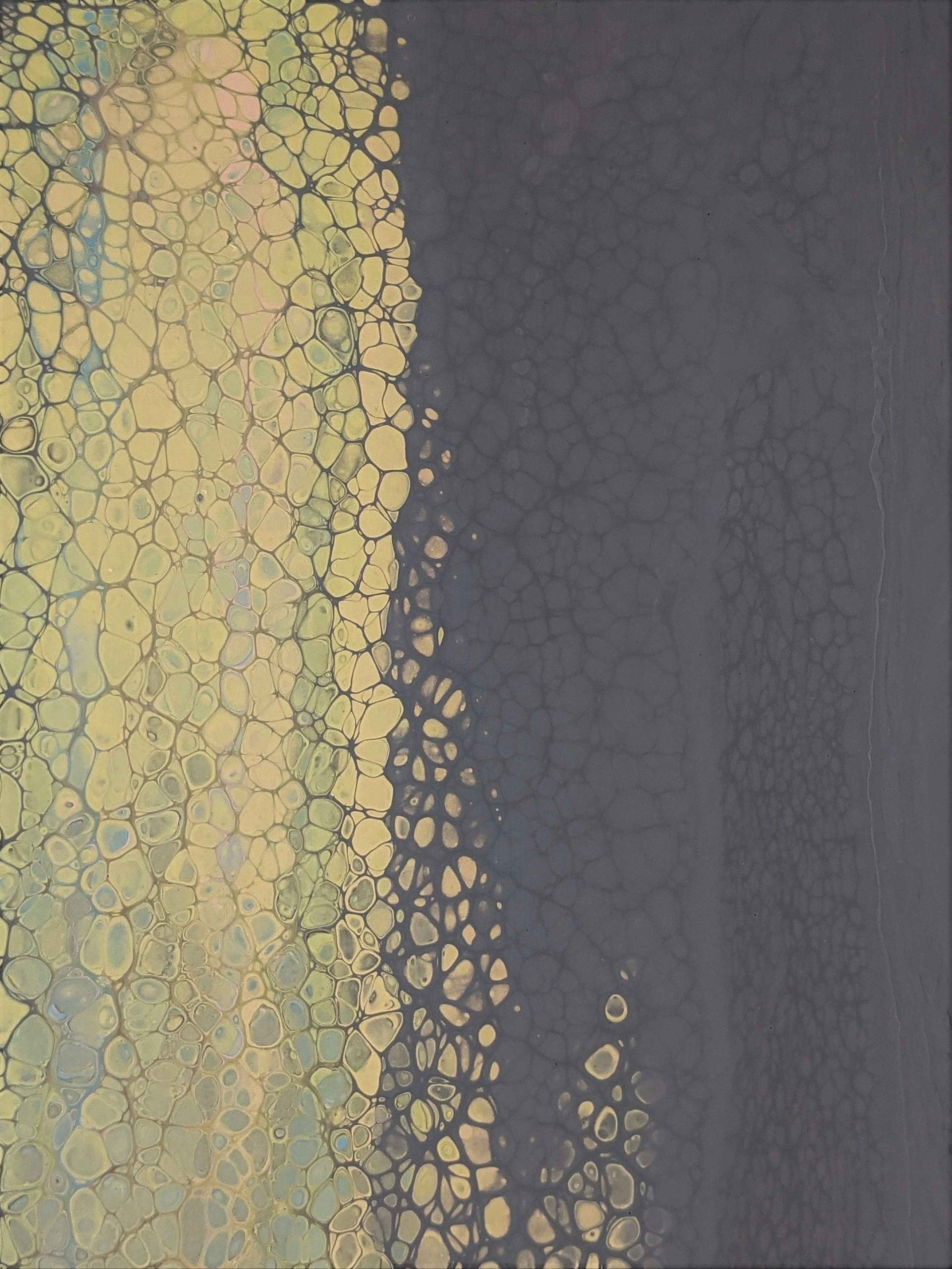 Abstract artwork featuring a mosaic of bubbles in soft pastel hues blending into a deep gray background.