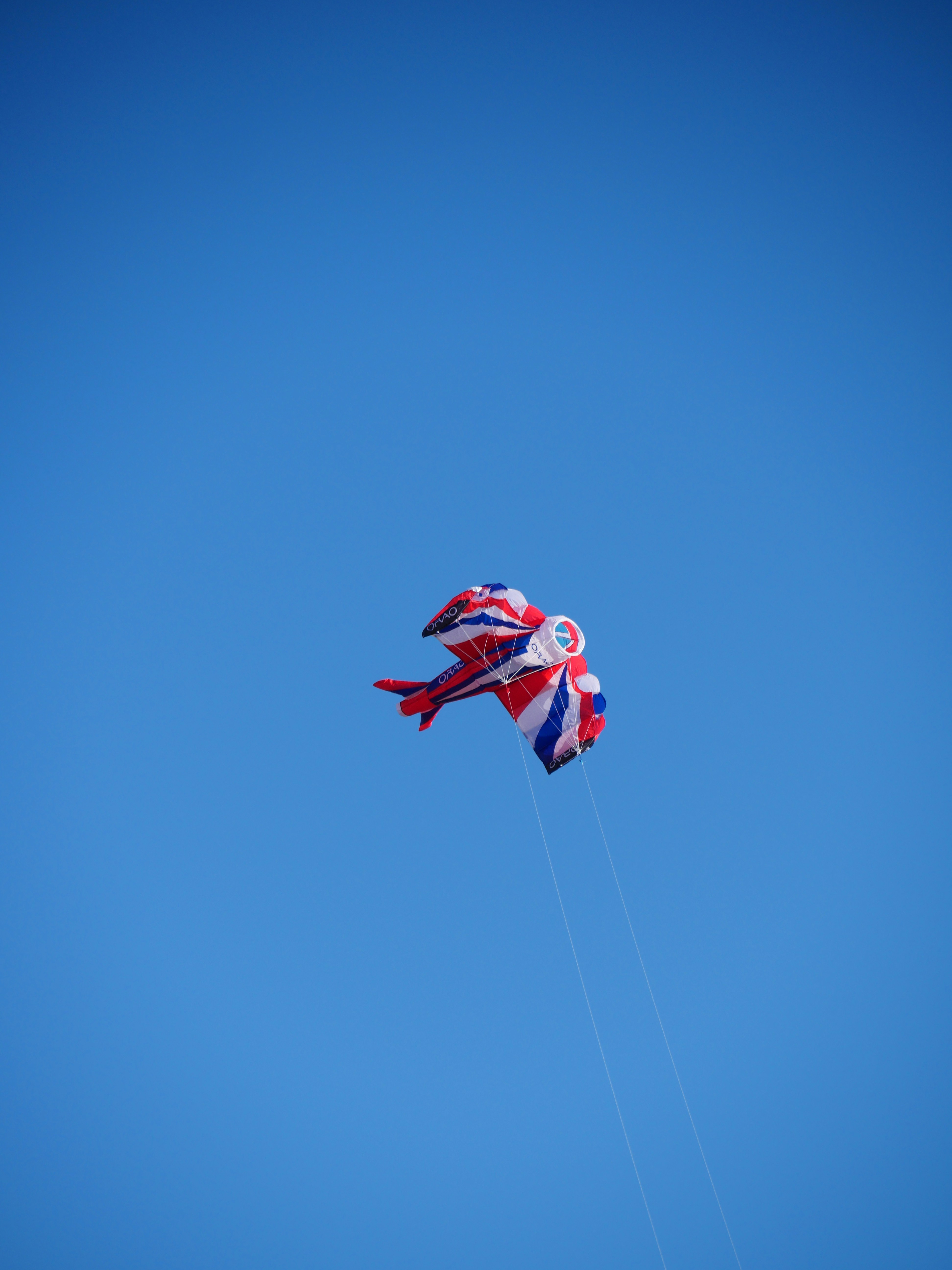 Tri-color parachute kite drifts across a clear blue sky, its lines faintly visible against the vast backdrop.