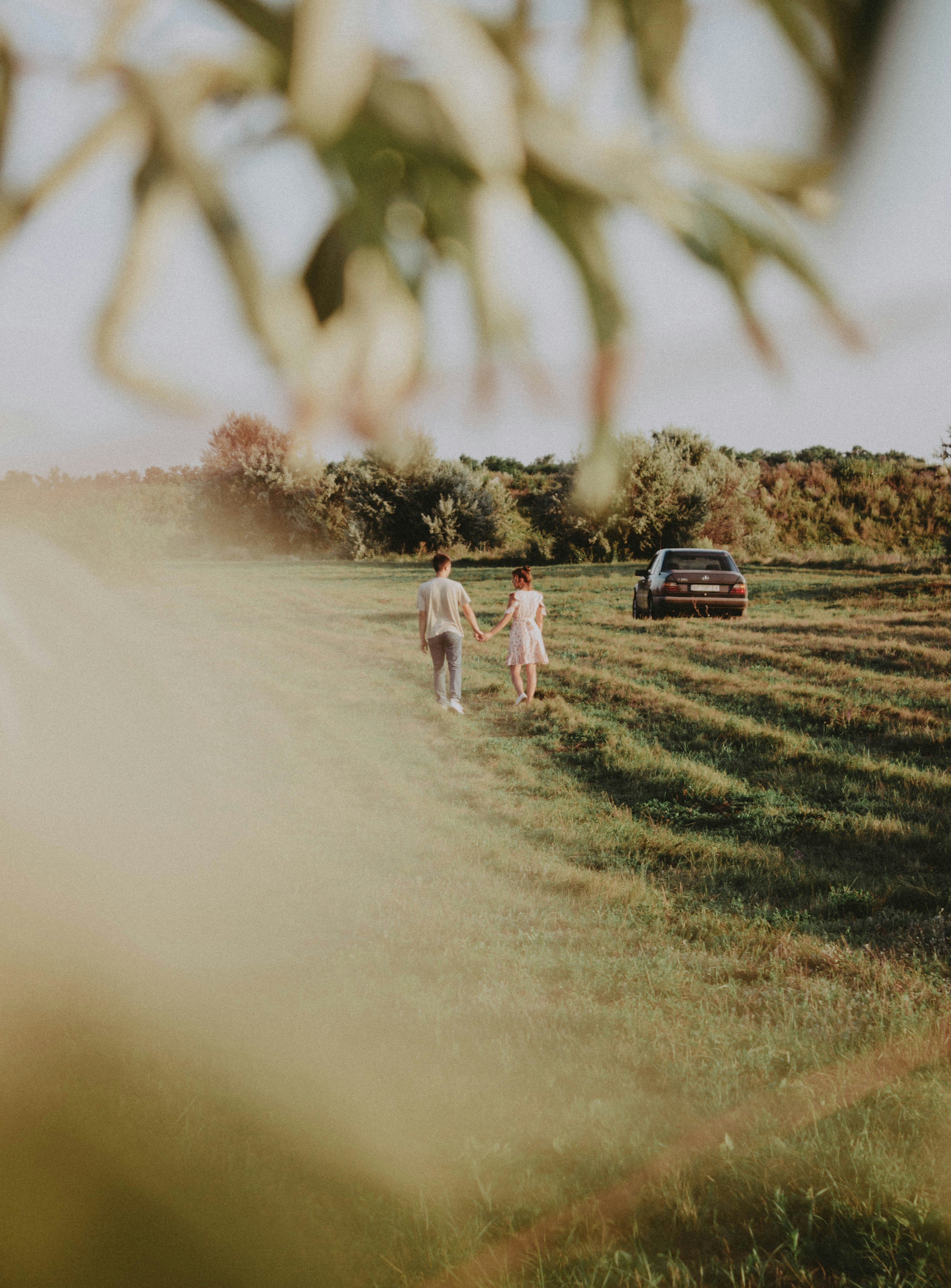 Couple walking hand in hand through a sunlit field, with a vintage car parked nearby. Lush greenery frames the scene, enhancing the tranquil atmosphere.