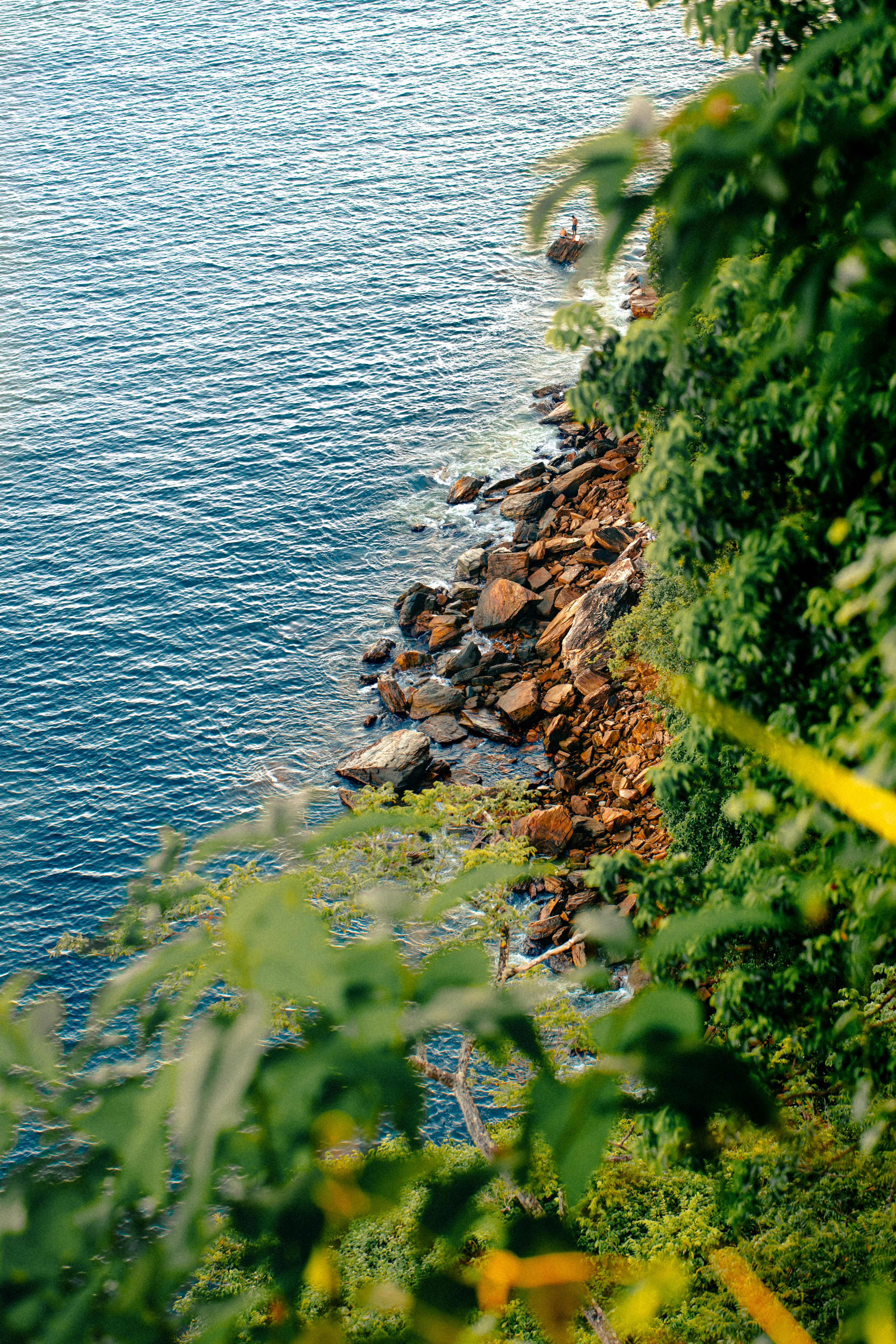 Rocky coastline meeting tranquil waters, framed by lush greenery. A lone figure stands at the water's edge, enhancing the sense of scale and serenity.