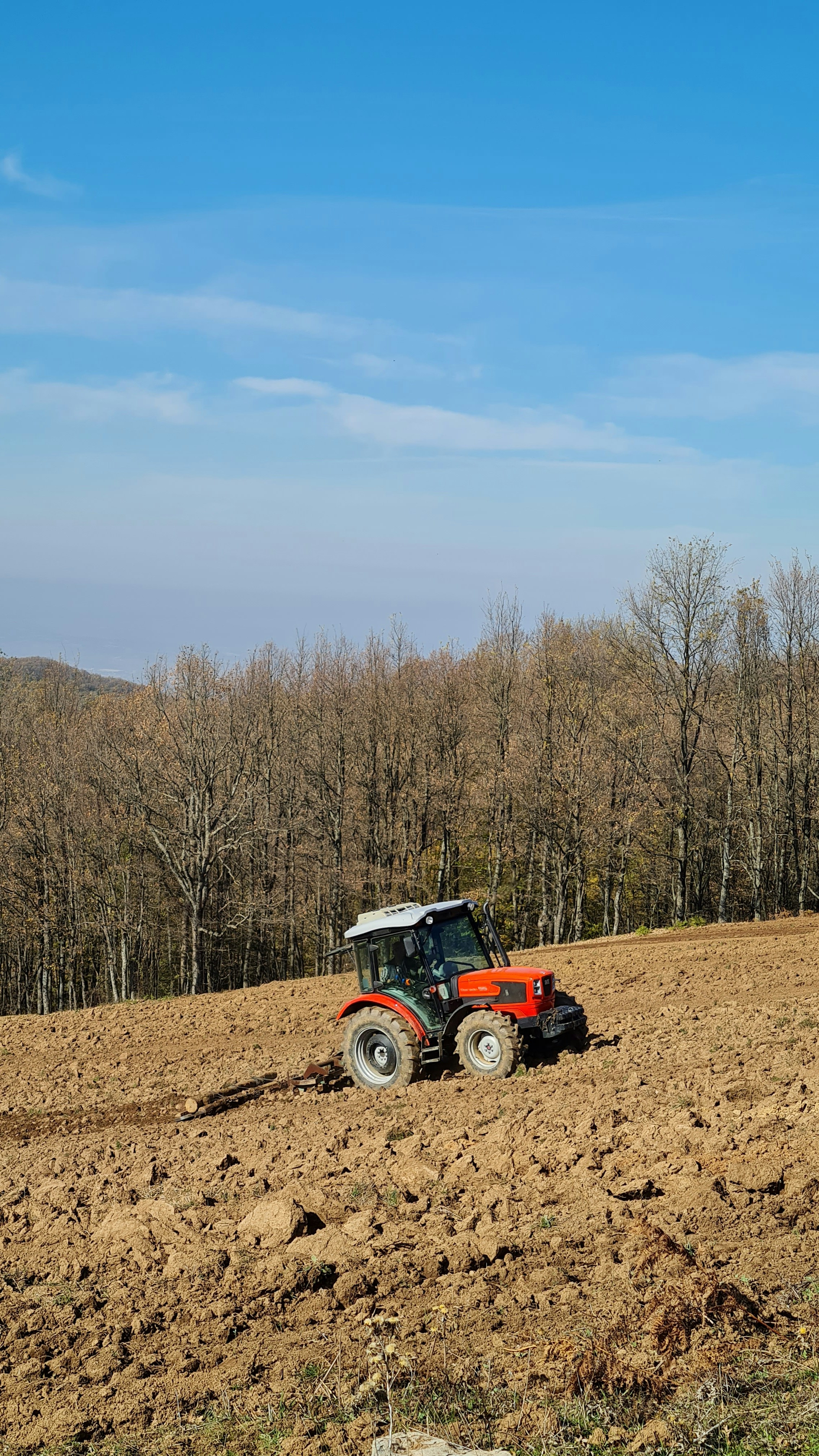 Red tractor tilts across a freshly plowed field with bare trees on the horizon under a clear blue sky.