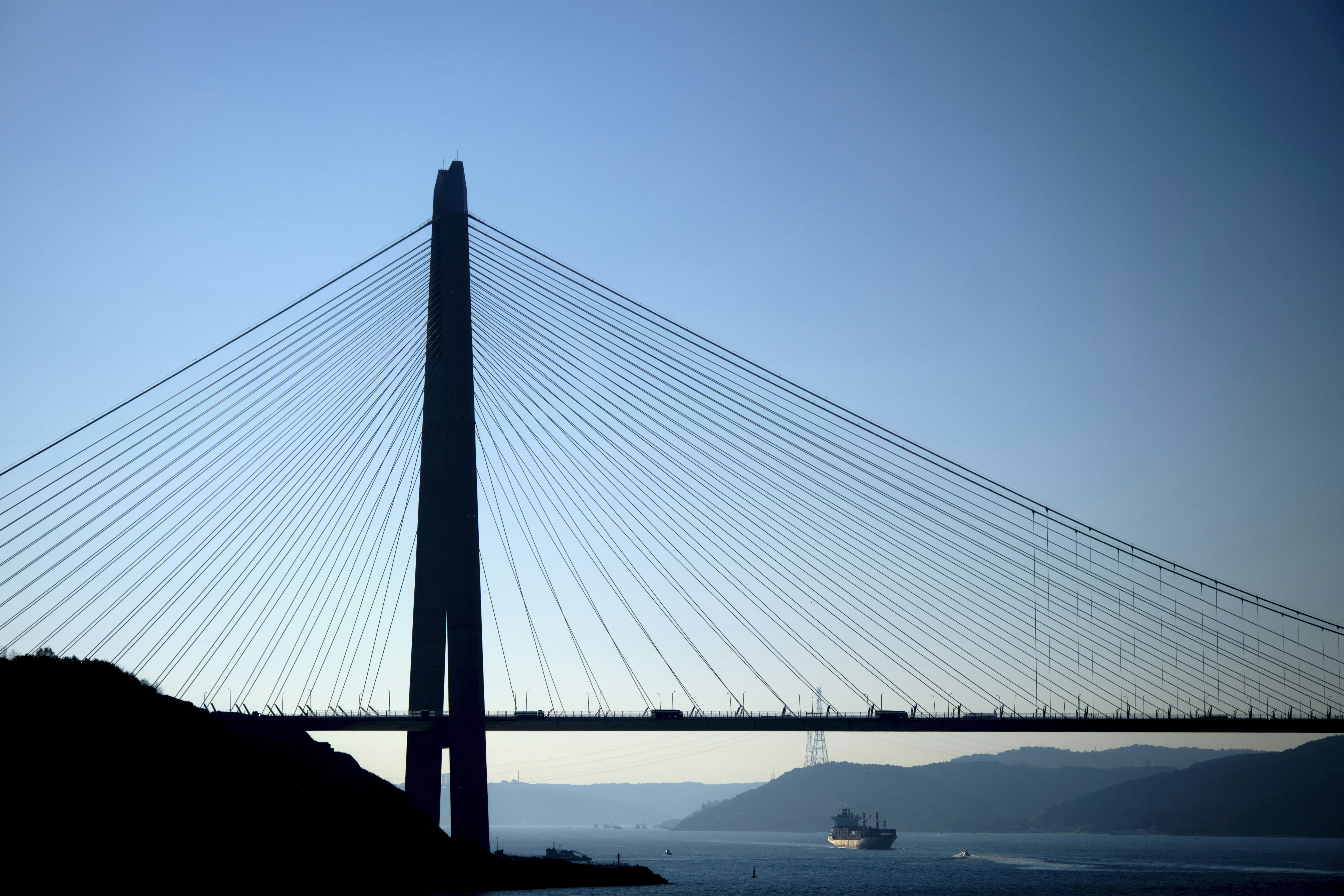 A large bridge spanning over a large body of water photo – Free Blue ...