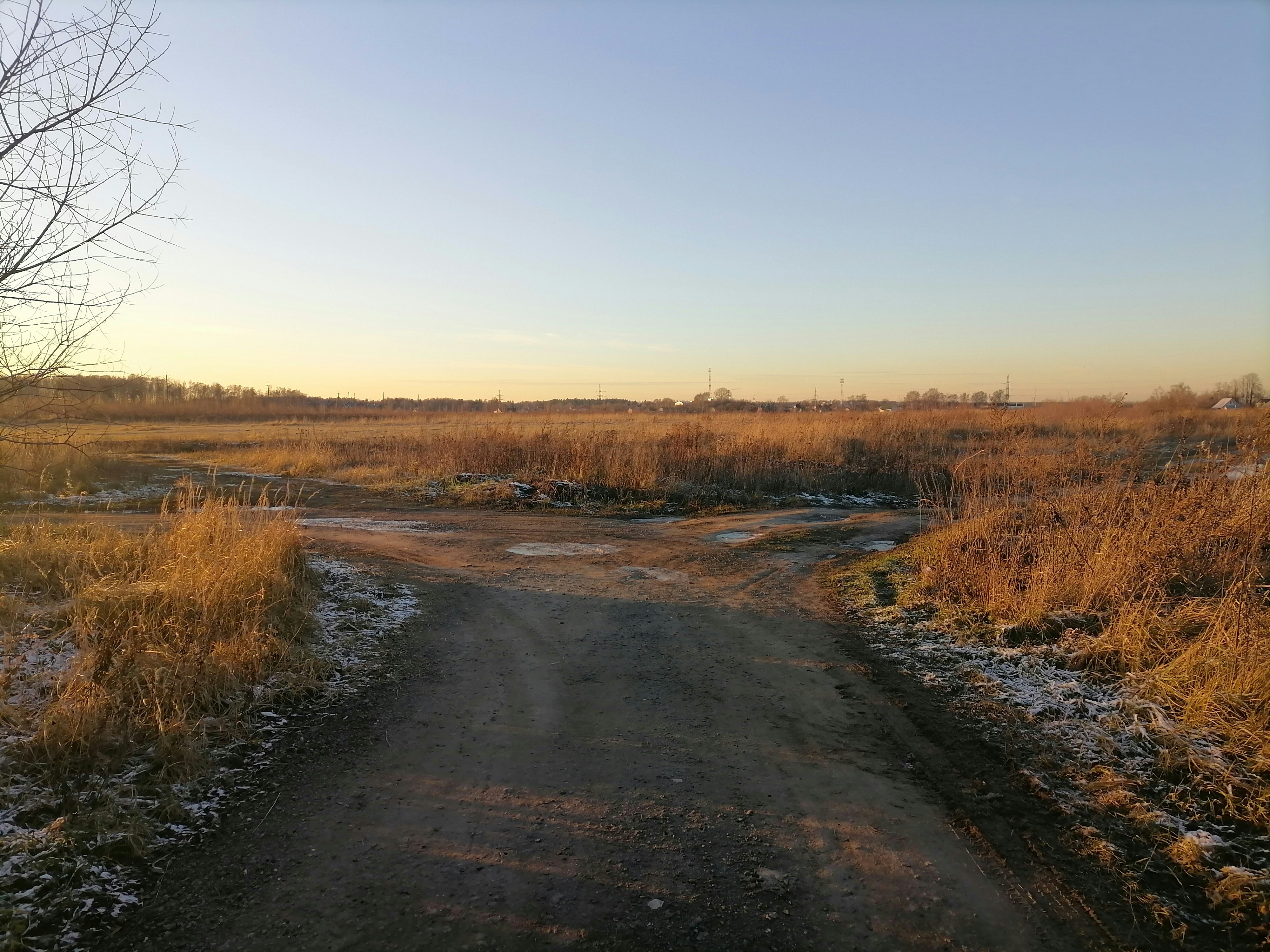 a dirt road in the middle of a field