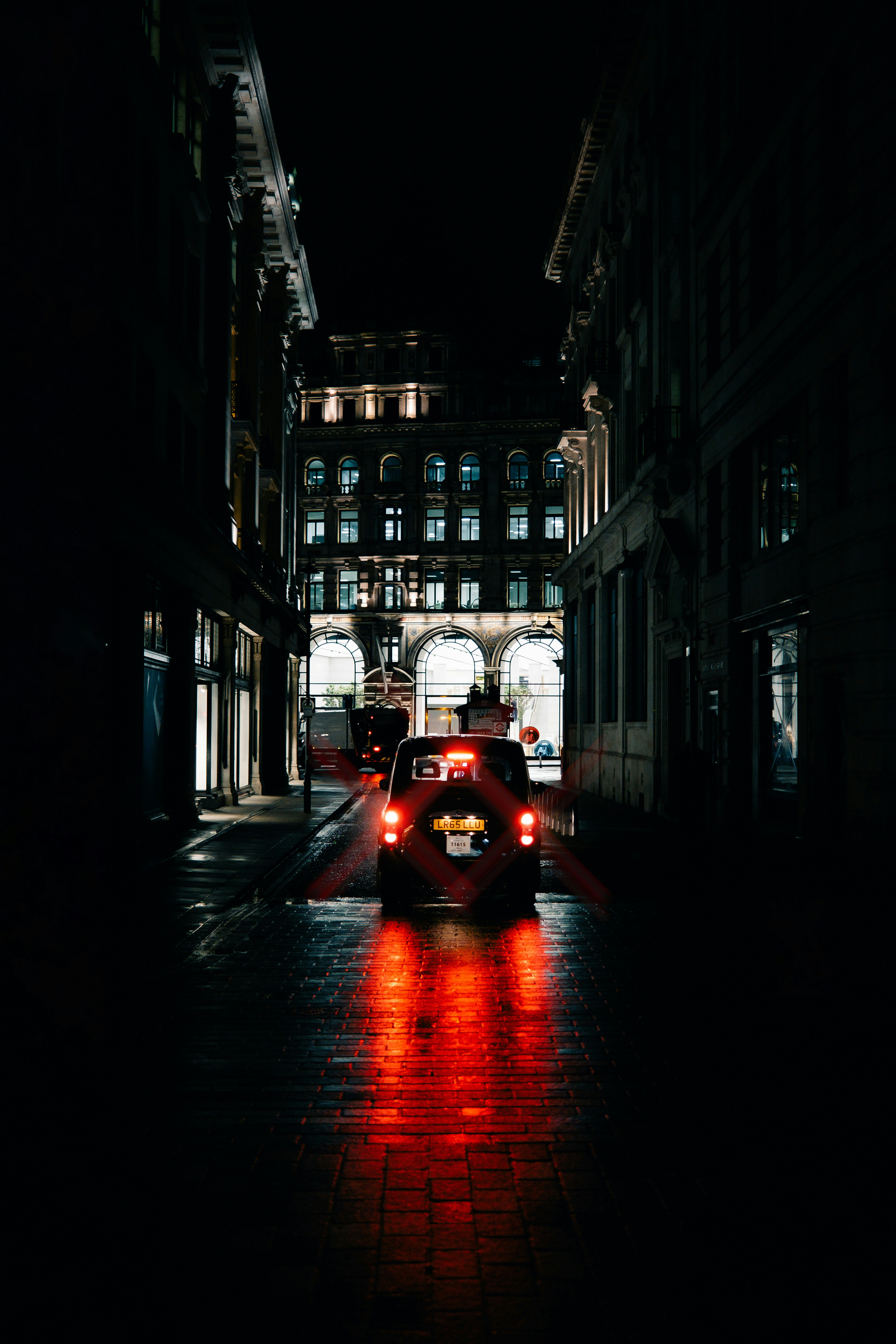 Red Neon Whisper: A Streetcar Standoff Under Arcaded Shadows