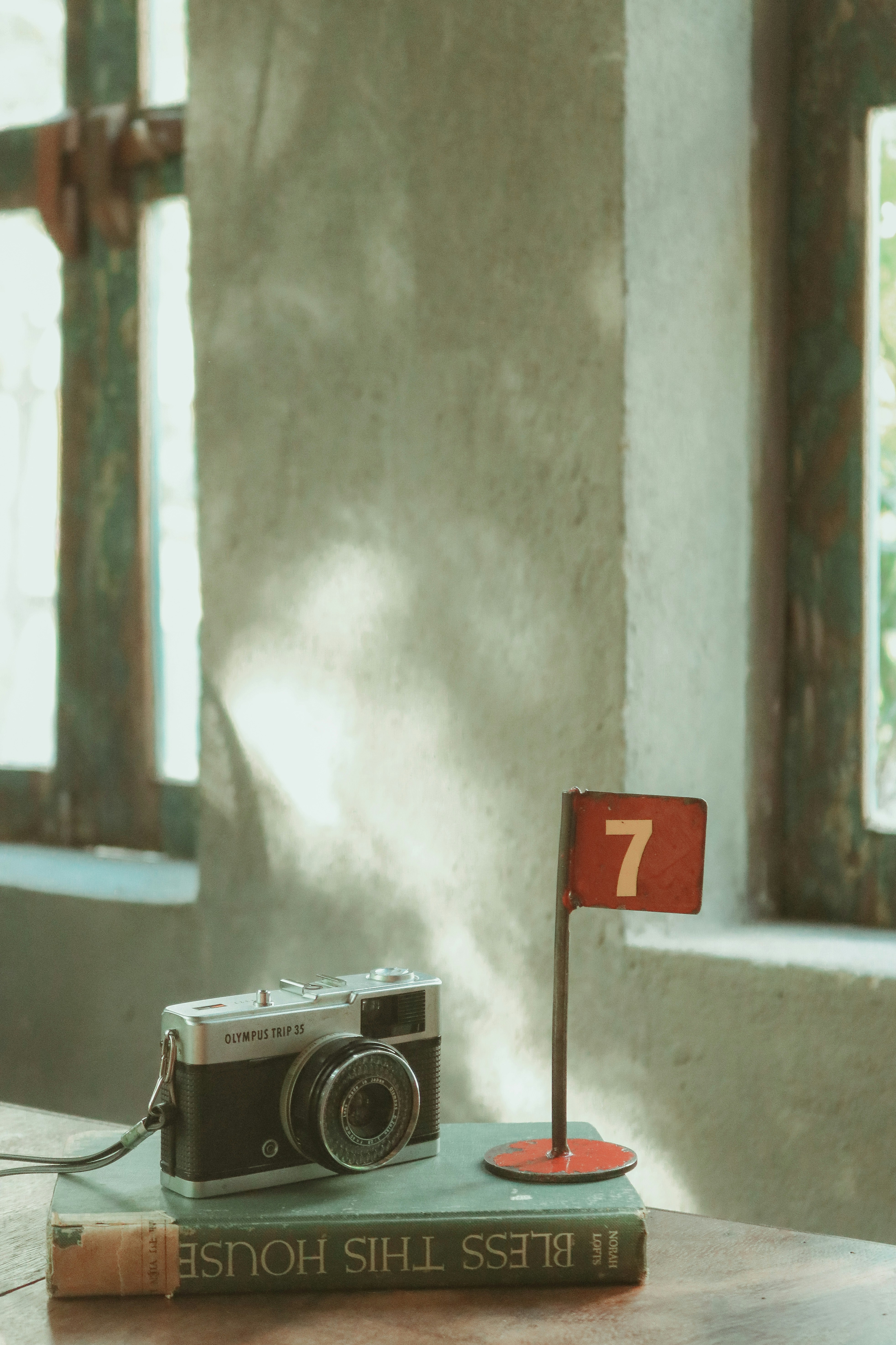 a camera sitting on top of a book on a table