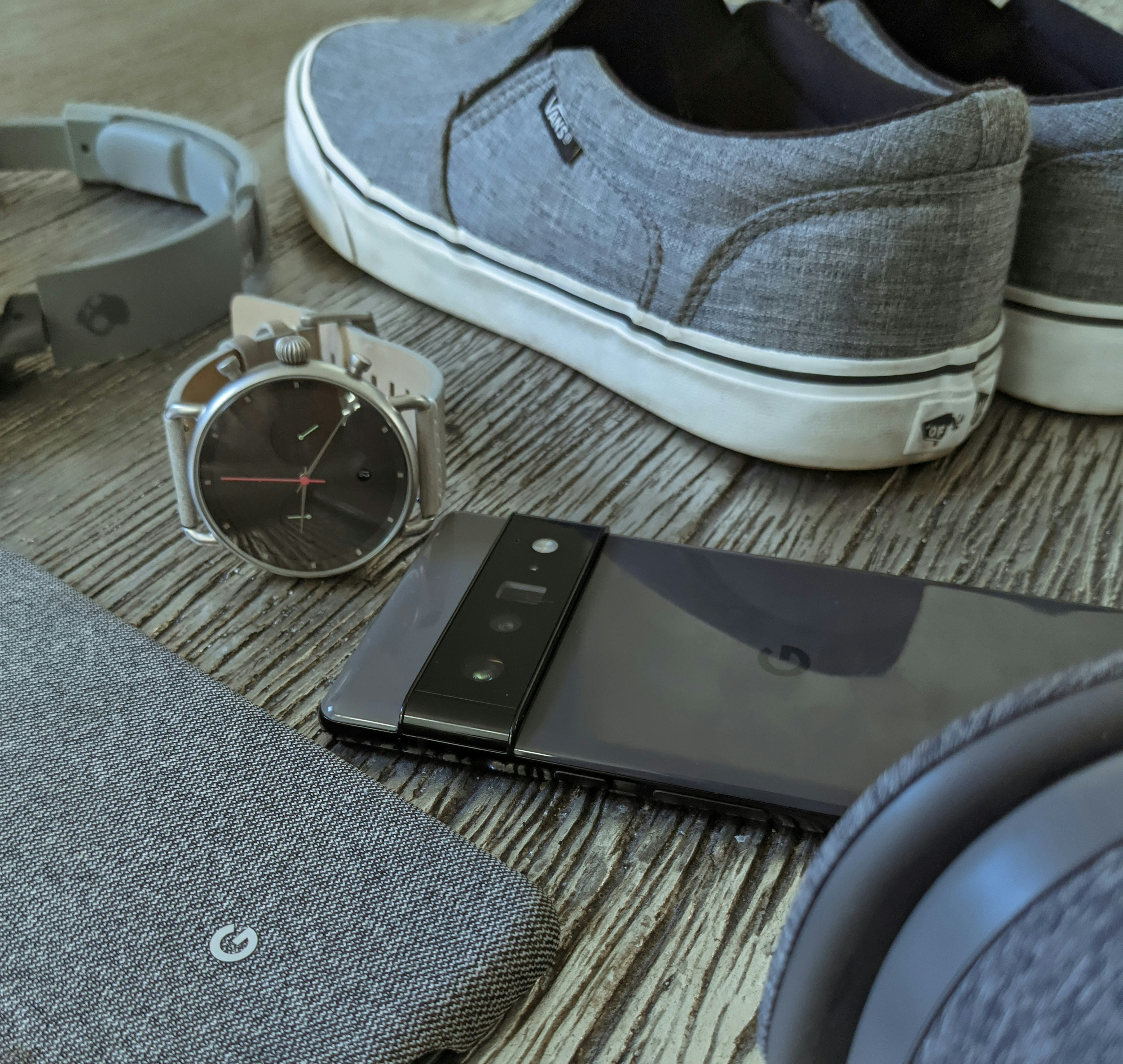 Blue Slip-Ons and Tech Trio: A Quiet Tech Desk Moment