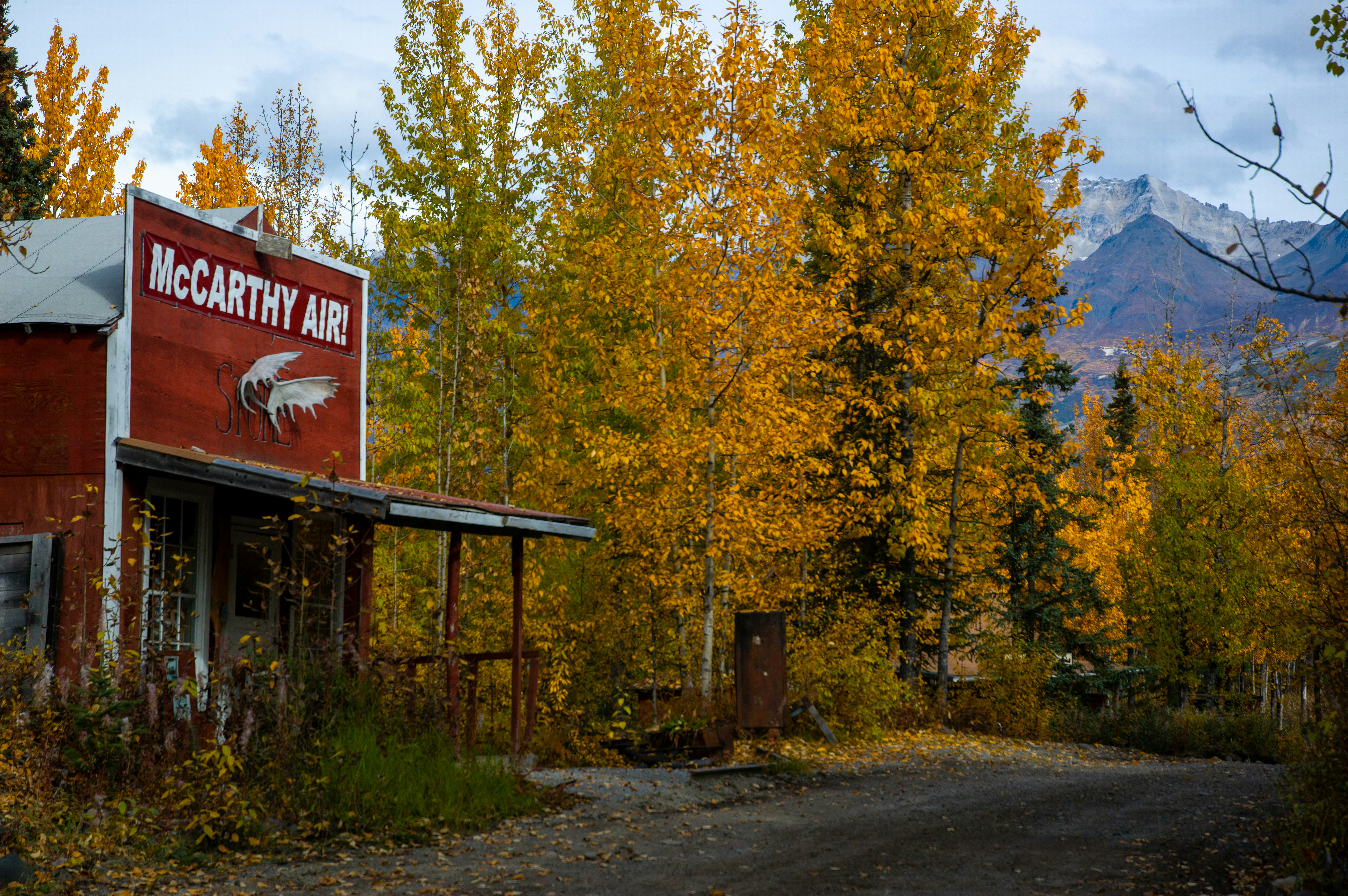 Abandoned building with 'McCarthy Air' sign surrounded by vibrant fall foliage and distant mountains. A quiet reminder of nature's seasonal transformation.