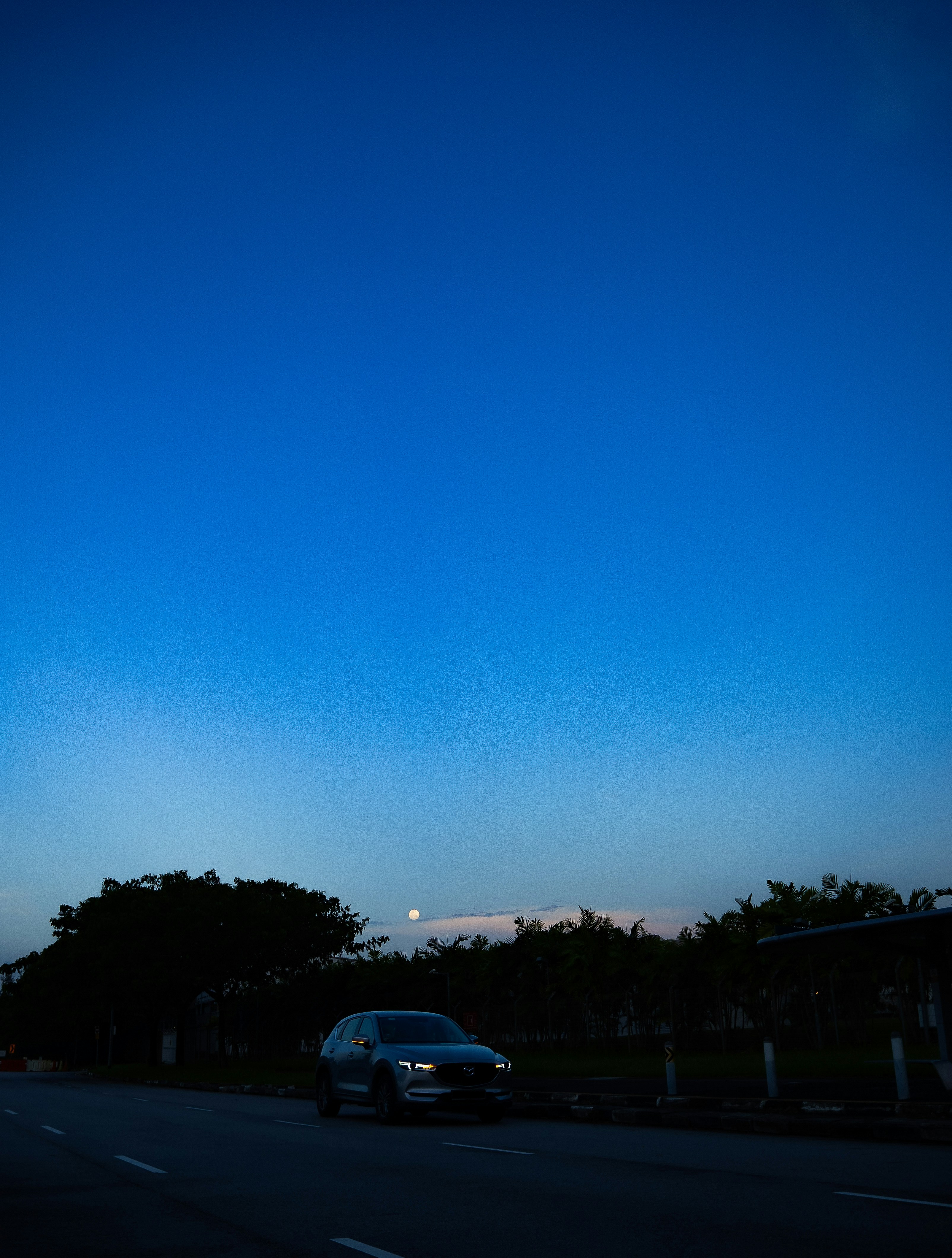 A car cruising along a quiet road at twilight, with a large moon peeking through the horizon and silhouetted trees lining the street.