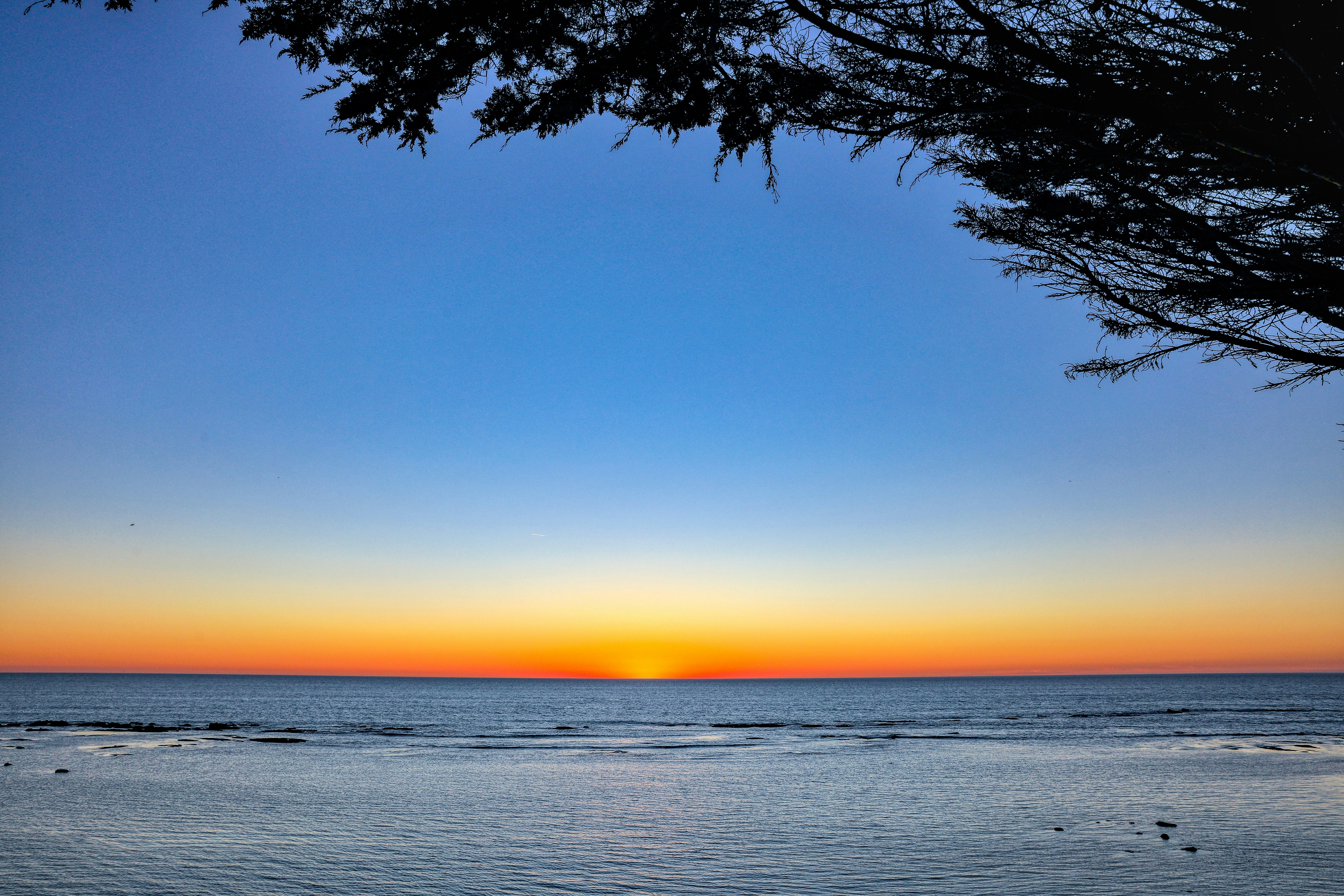 Vibrant sunset reflecting on calm waters, framed by silhouetted tree branches. The gradient sky transitions from deep blue to warm orange.