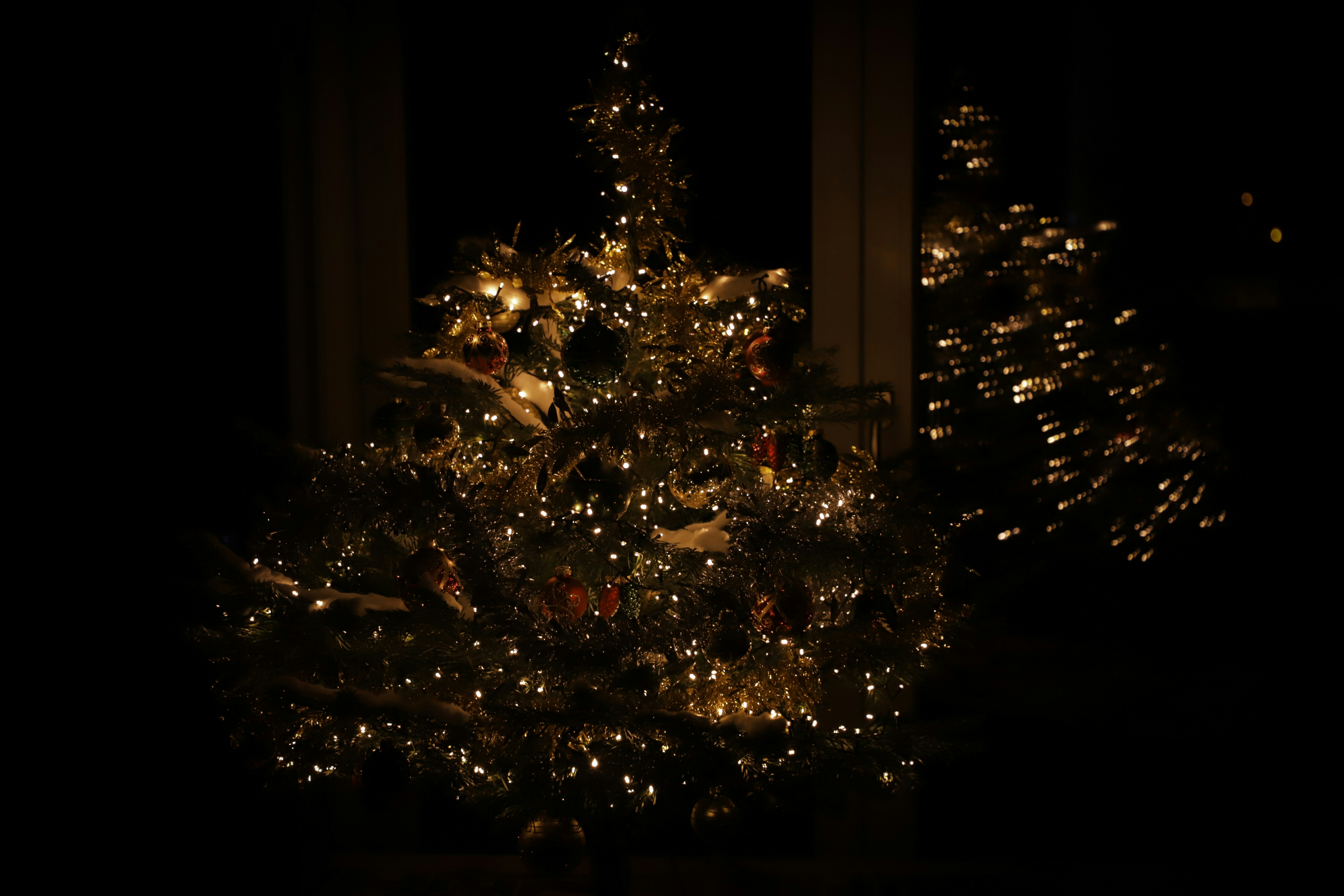 Midnight Fir: A softly lit Christmas tree framed by warm bokeh