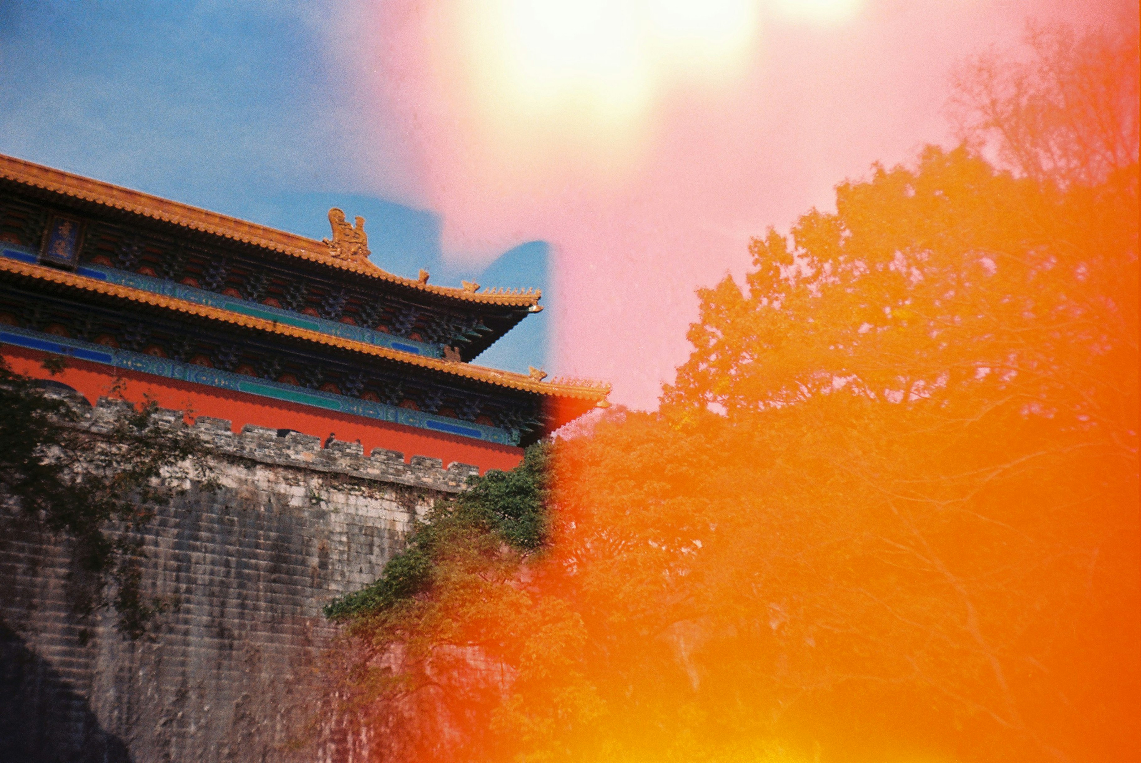 Ancient Gatehouses Bathed in a Sunset Mist