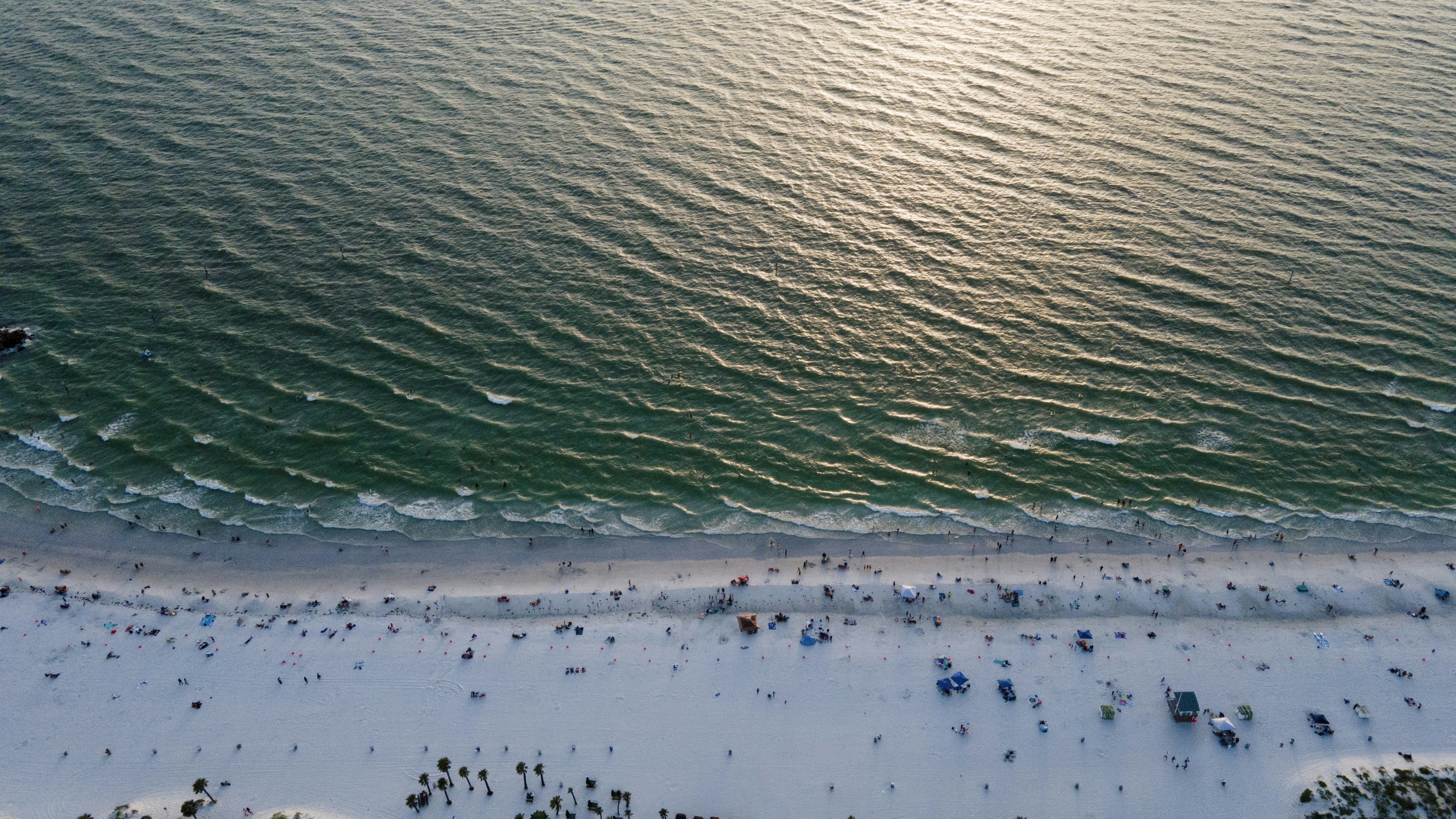 Aerial view of a tranquil beach with gentle waves meeting the sandy shore under soft sunlight.