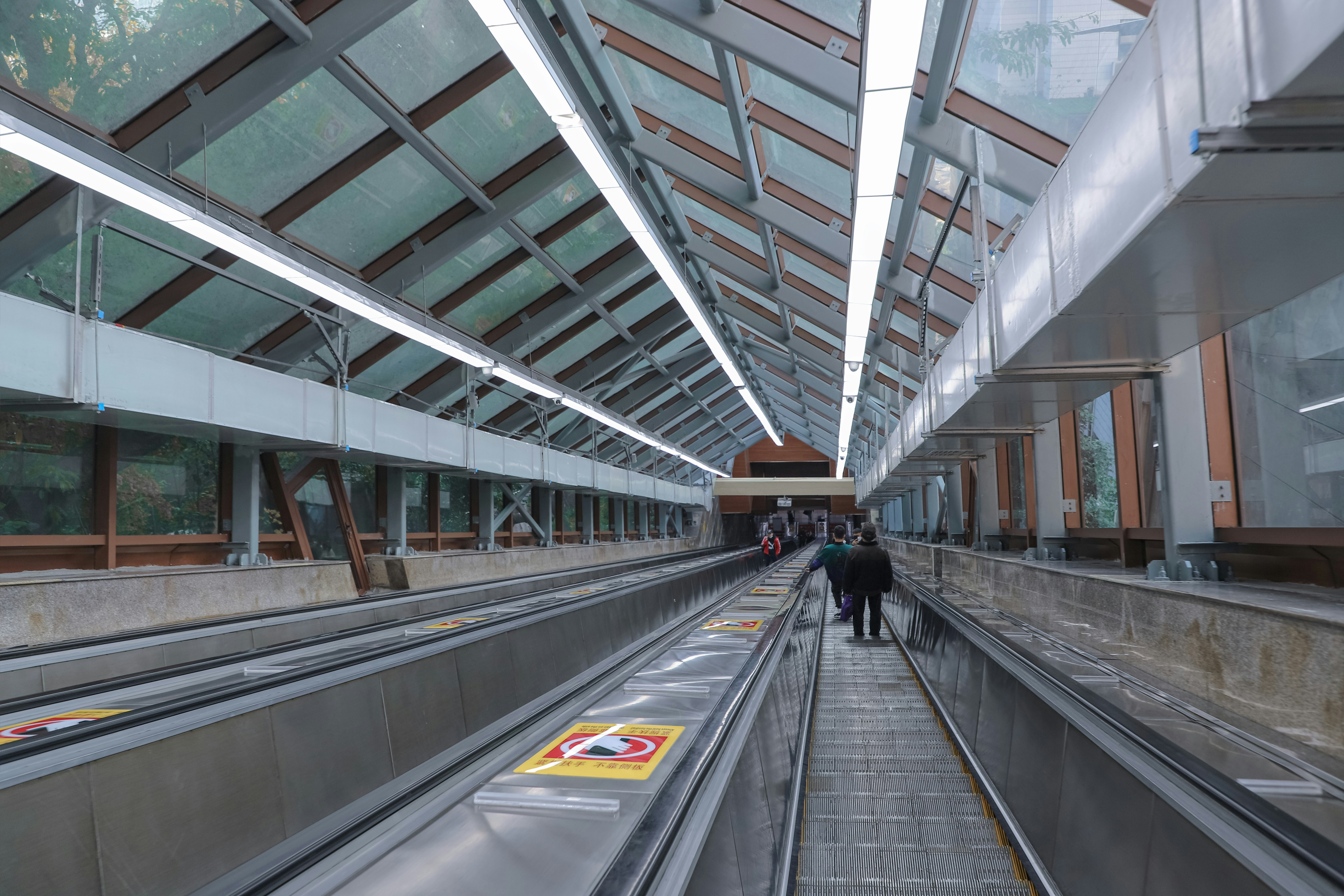 Modern escalator in a glass-roofed transit station surrounded by nature. The architecture blends functionality with aesthetic appeal.