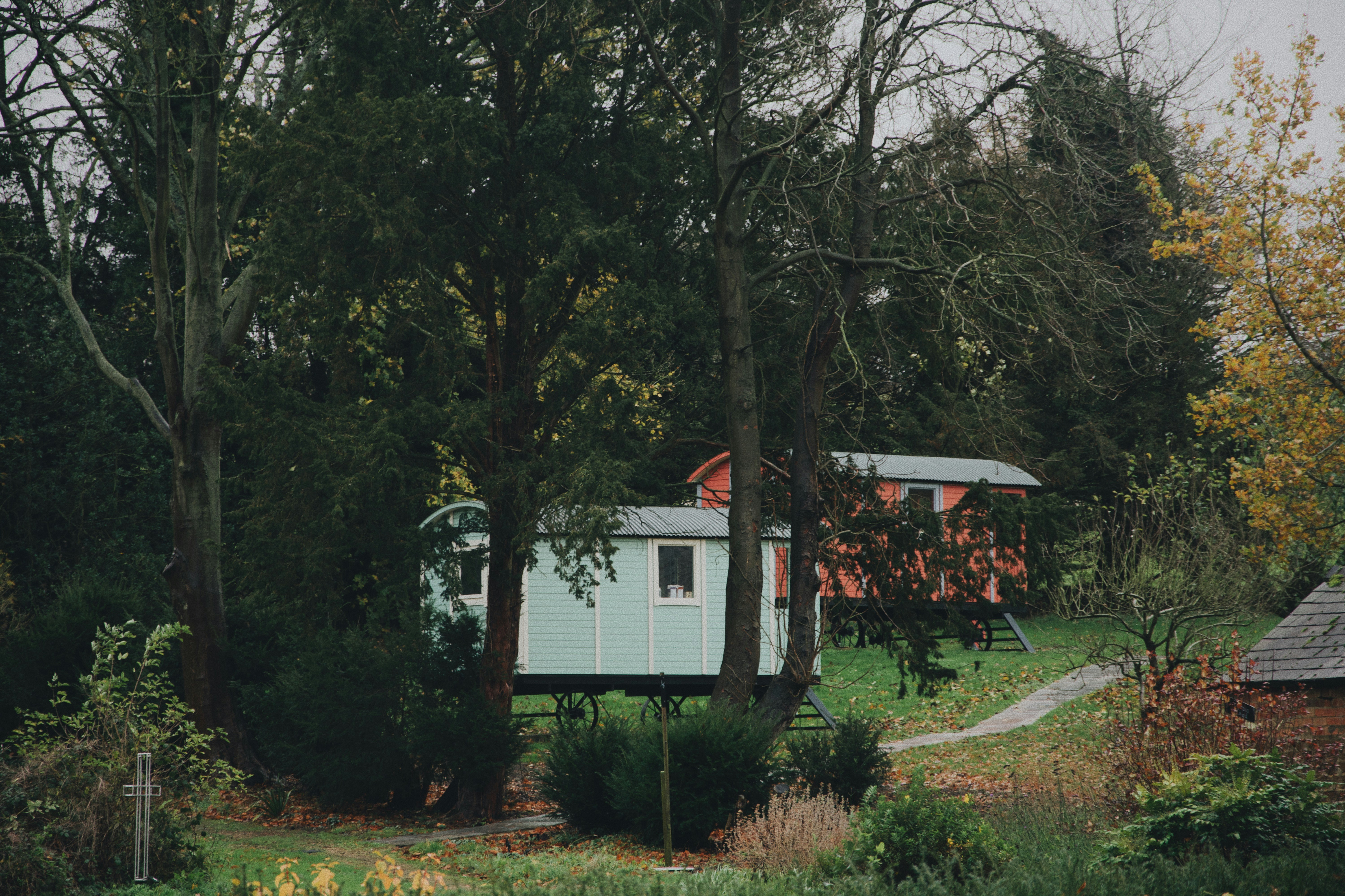 Small houses nestled in a wooded area surrounded by autumn foliage.