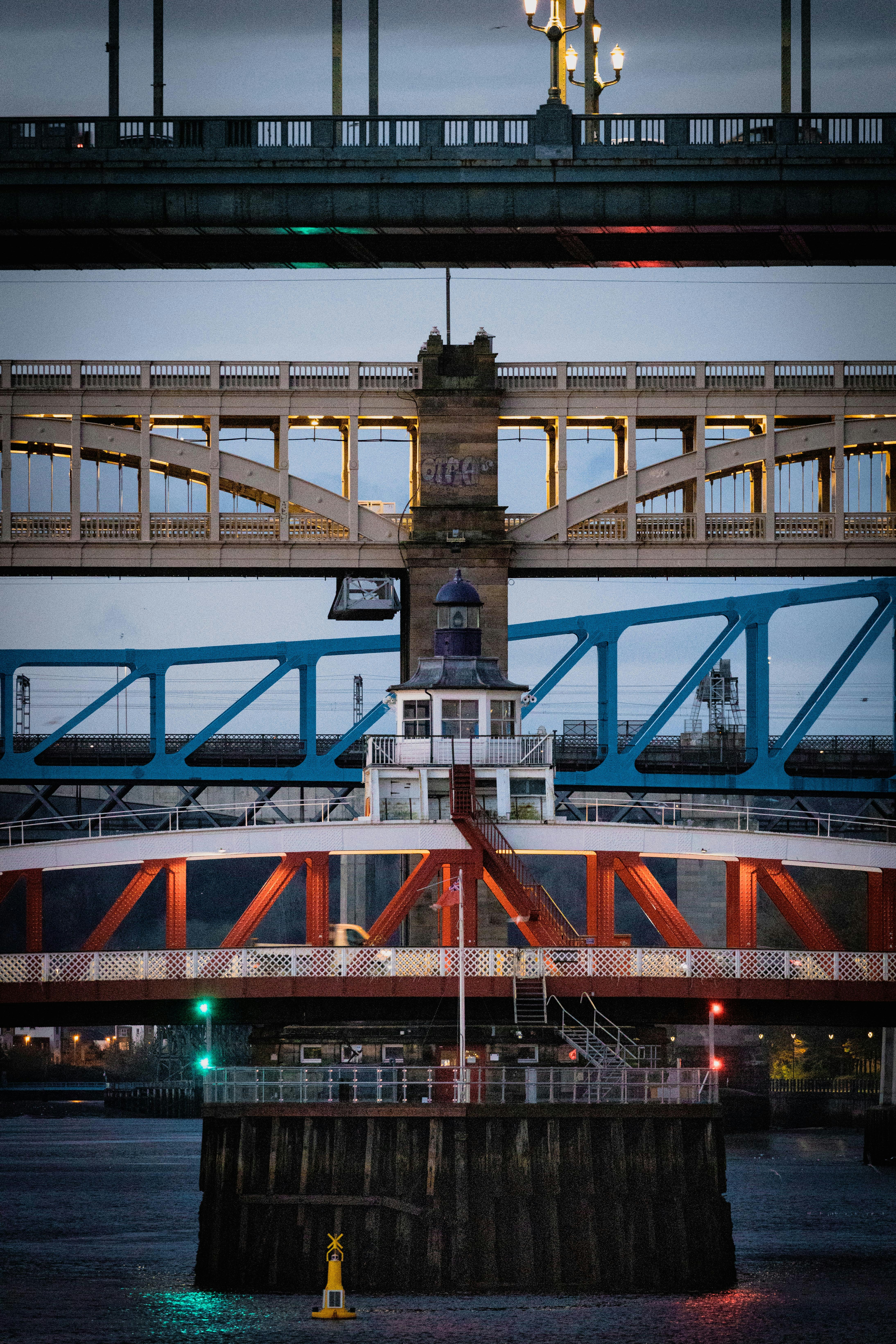 Five bridges over the River Tyne. (from top to bottom) - Tyne Bridge, High Level Bridge, Metro Bridge, Railway (behind blue Metro bridge) and the Swing Bridge (now sadly out of action)