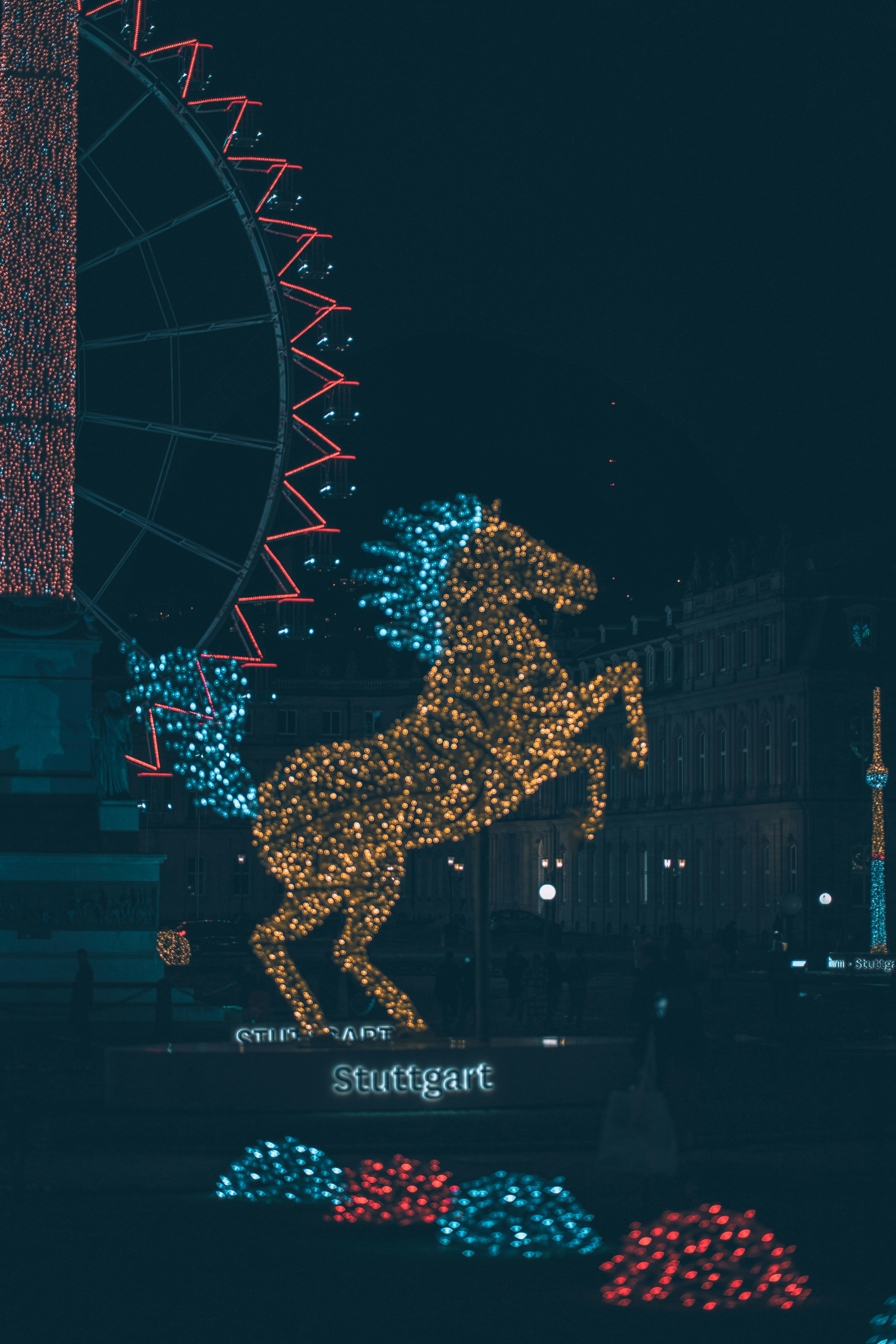 Golden Horse in the Night Lights of Stuttgart