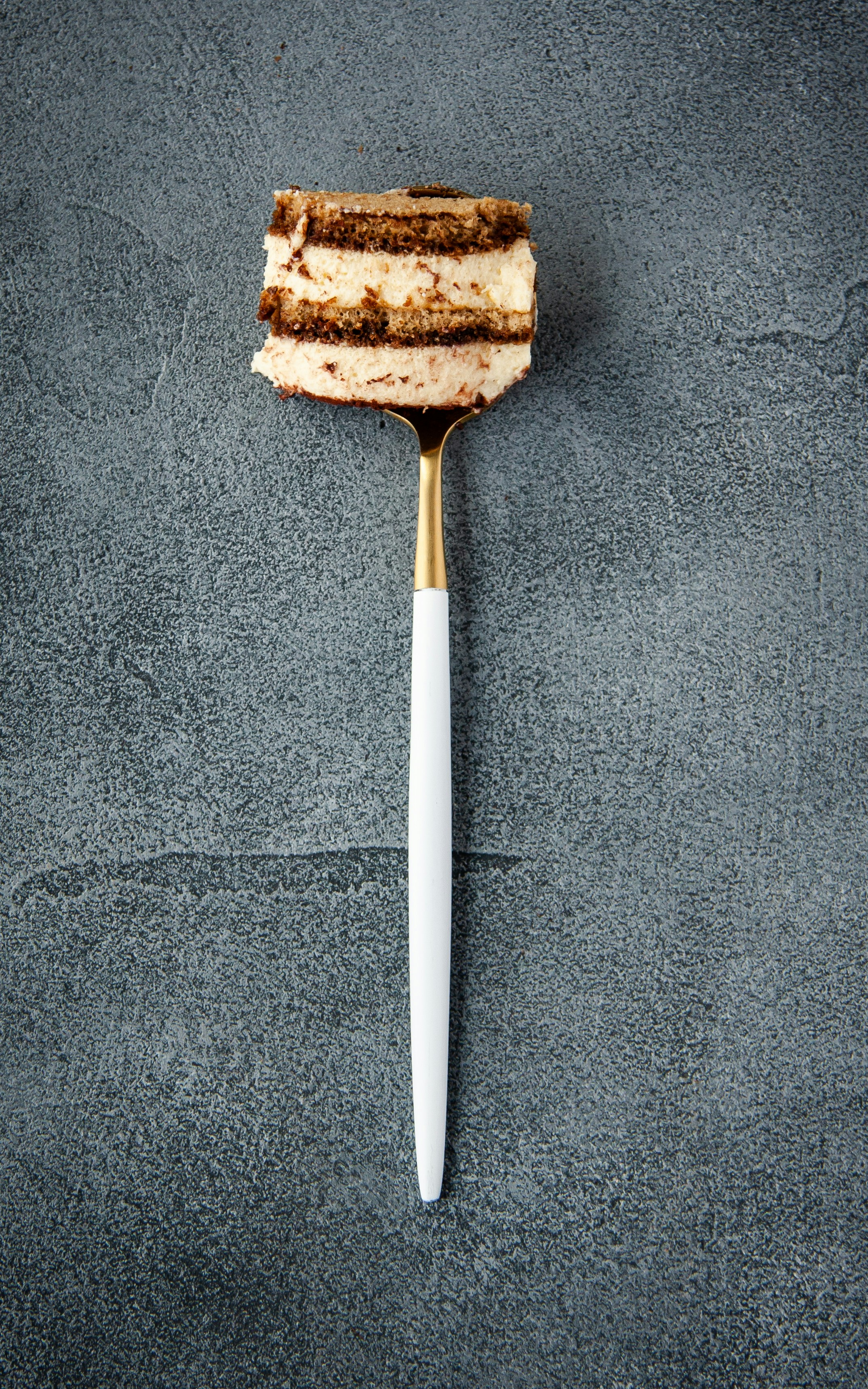A Slice of Focus: Cake on a White-Tipped Fork Centered Against a Rough Surface