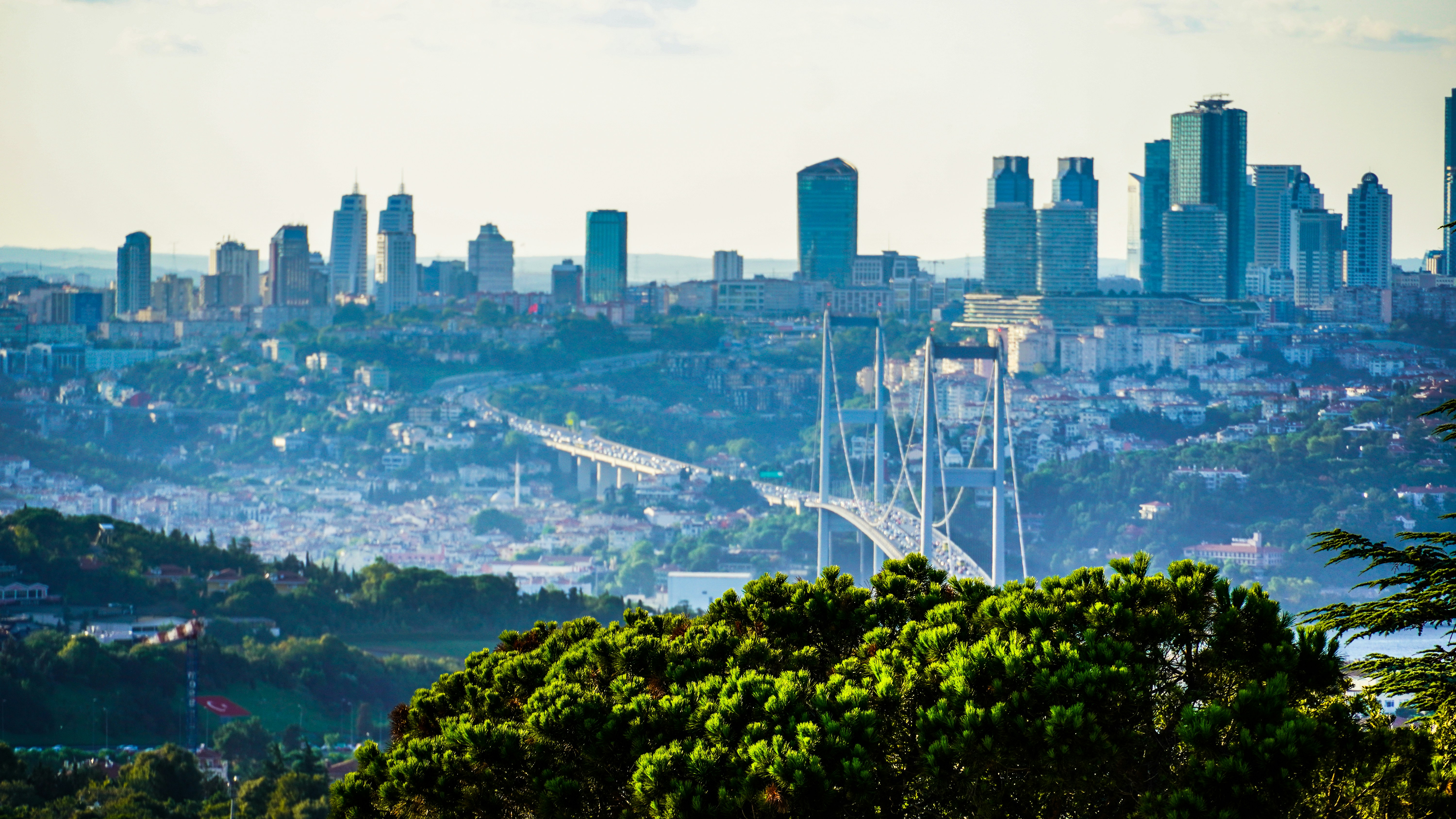 A panoramic view of a bustling city skyline featuring a prominent bridge amidst lush greenery in the foreground.