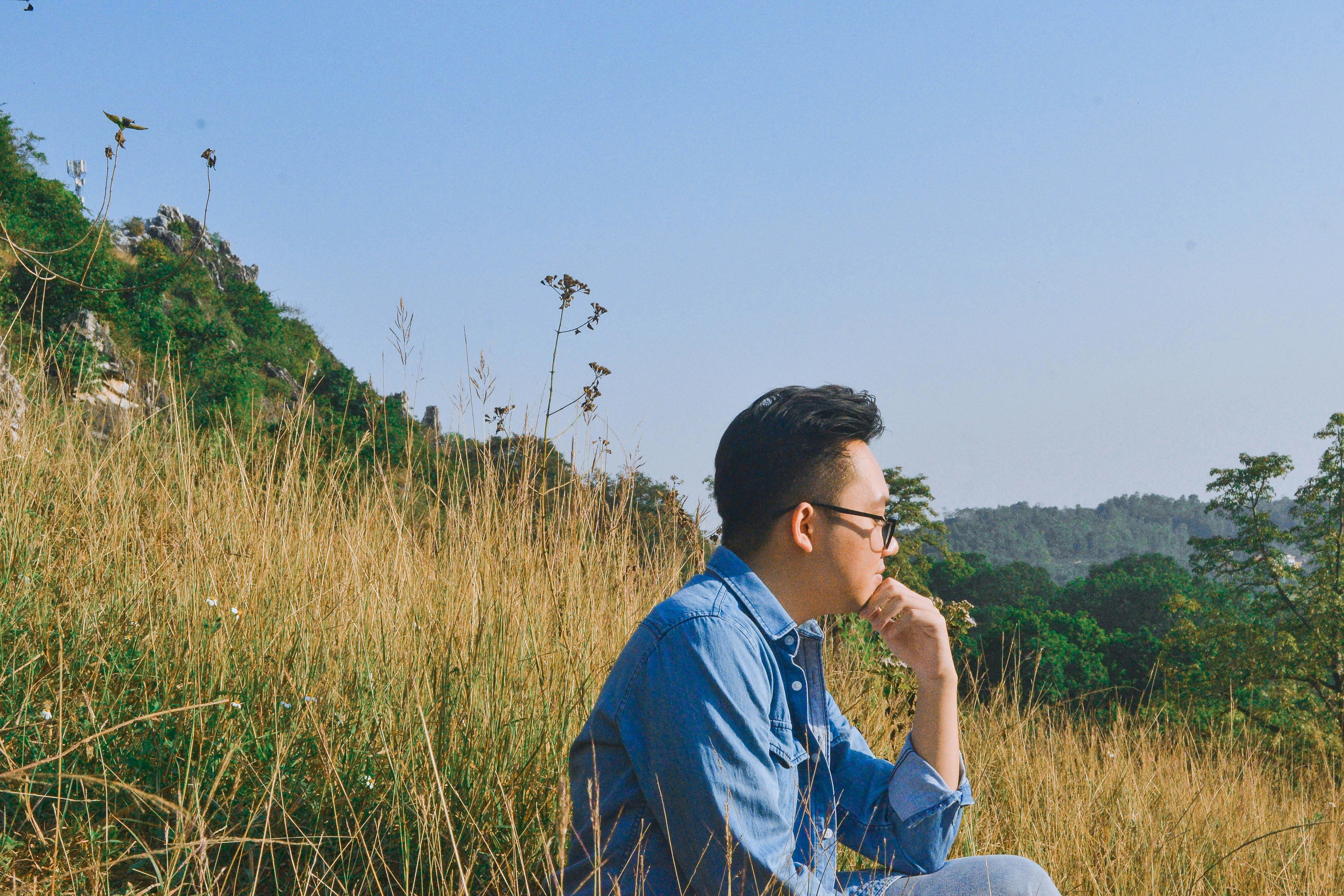 A thoughtful individual sits amidst tall golden grasses, gazing towards the distant, verdant hills under a clear blue sky. The composition captures the serene contrast between the vibrant green foliage and the soft, earthy tones of the foreground, creating a tranquil and introspective atmosphere. The play of natural light highlights the subject's profile, adding depth and warmth to the scene, making it visually striking and evocative.