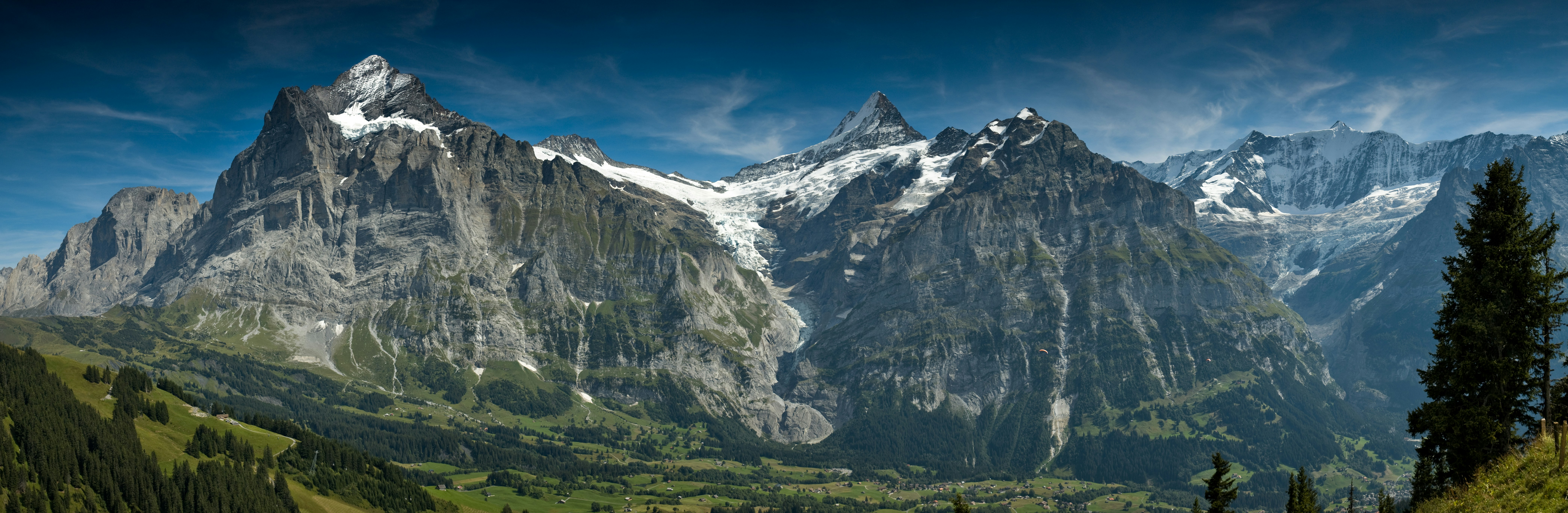 Panoramic view of Swiss mountains, blending snow-capped peaks with lush green valleys under a clear blue sky.