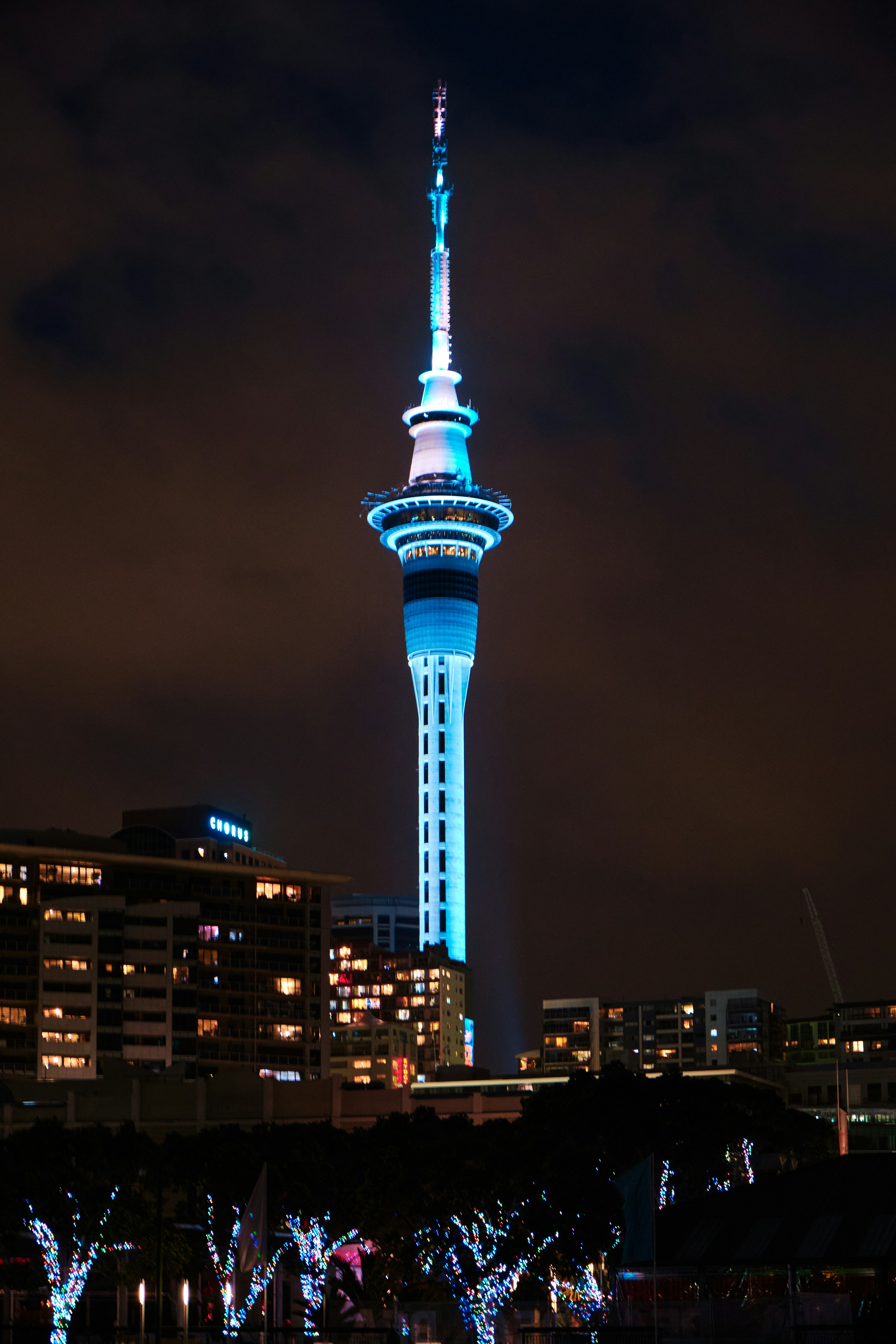 Sky Tower illuminated in vibrant blue against a darkened skyline, highlighting urban architecture and festive lights below.