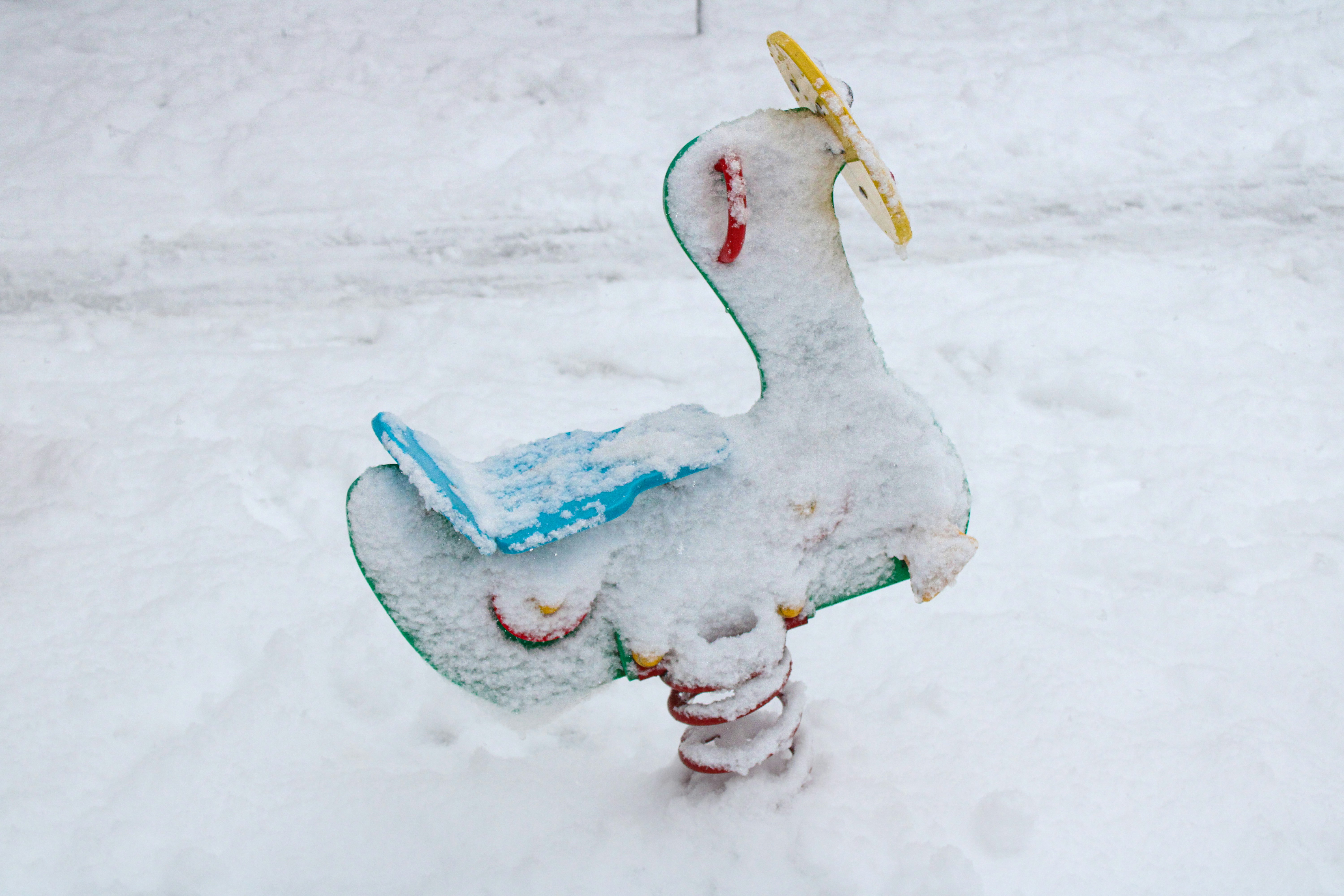 Frost-Crozen Spring Rider: a bird-shaped seat half-buried in winter snow