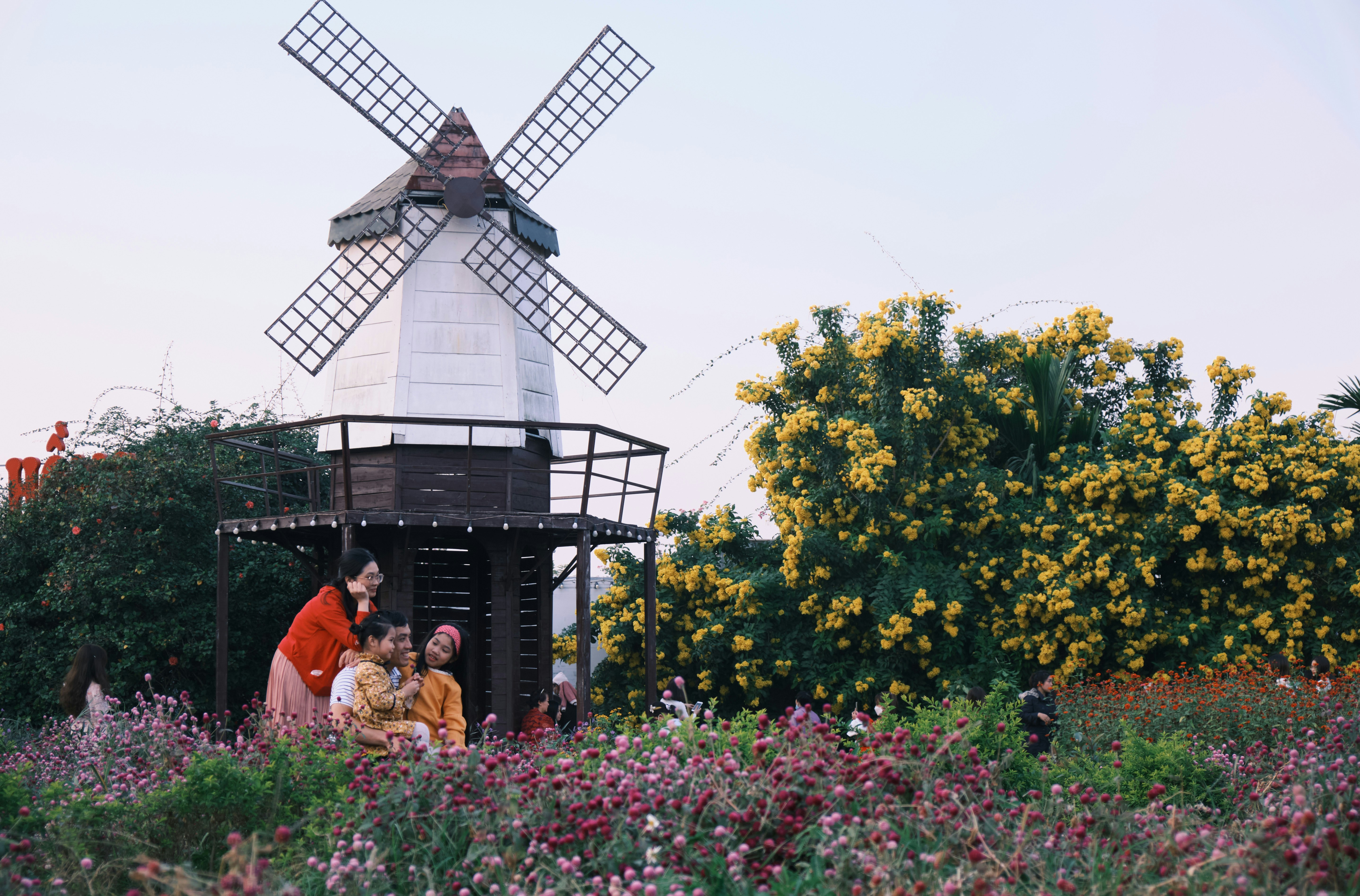 A group of people standing in front of a windmill photo – Free Person ...