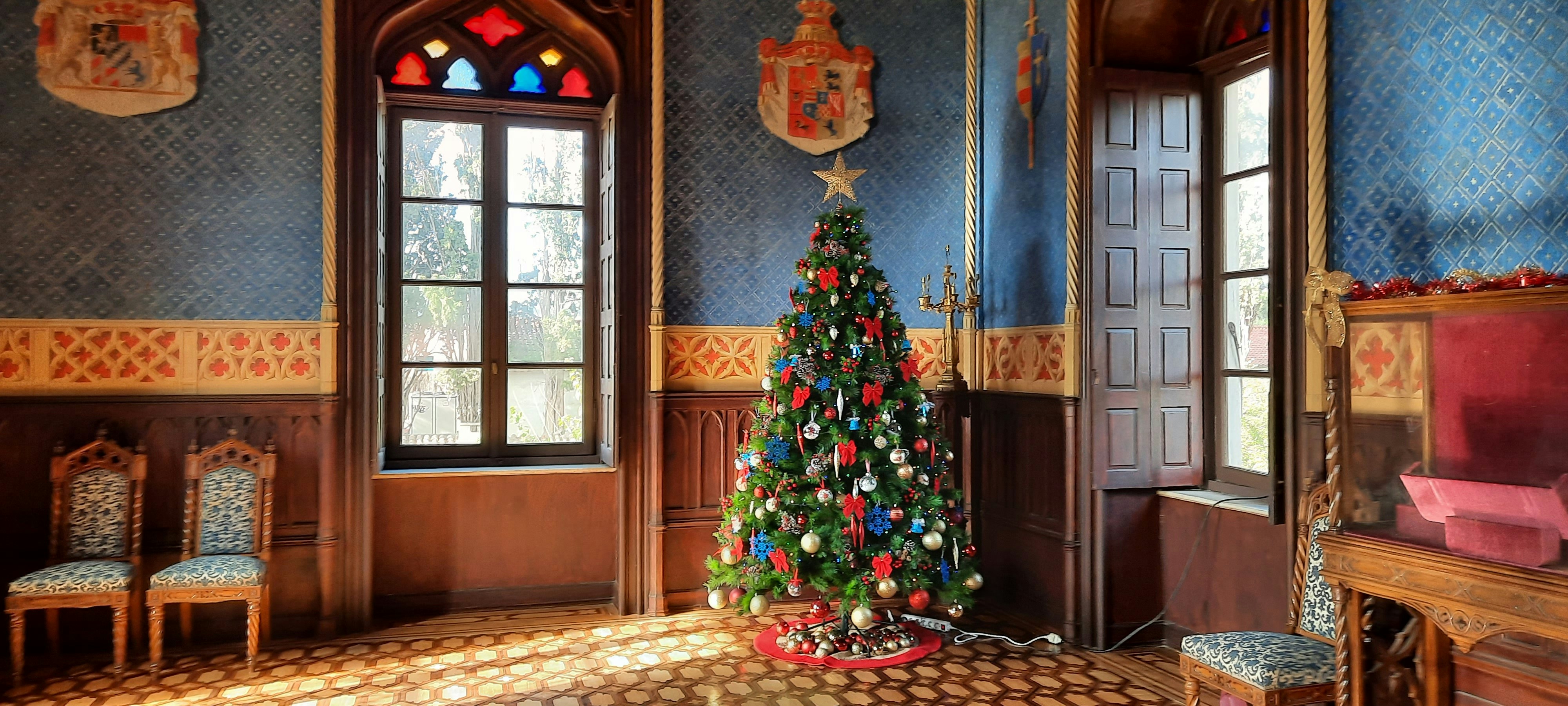 Decorated Christmas tree in a room with ornate blue walls and stained glass windows.